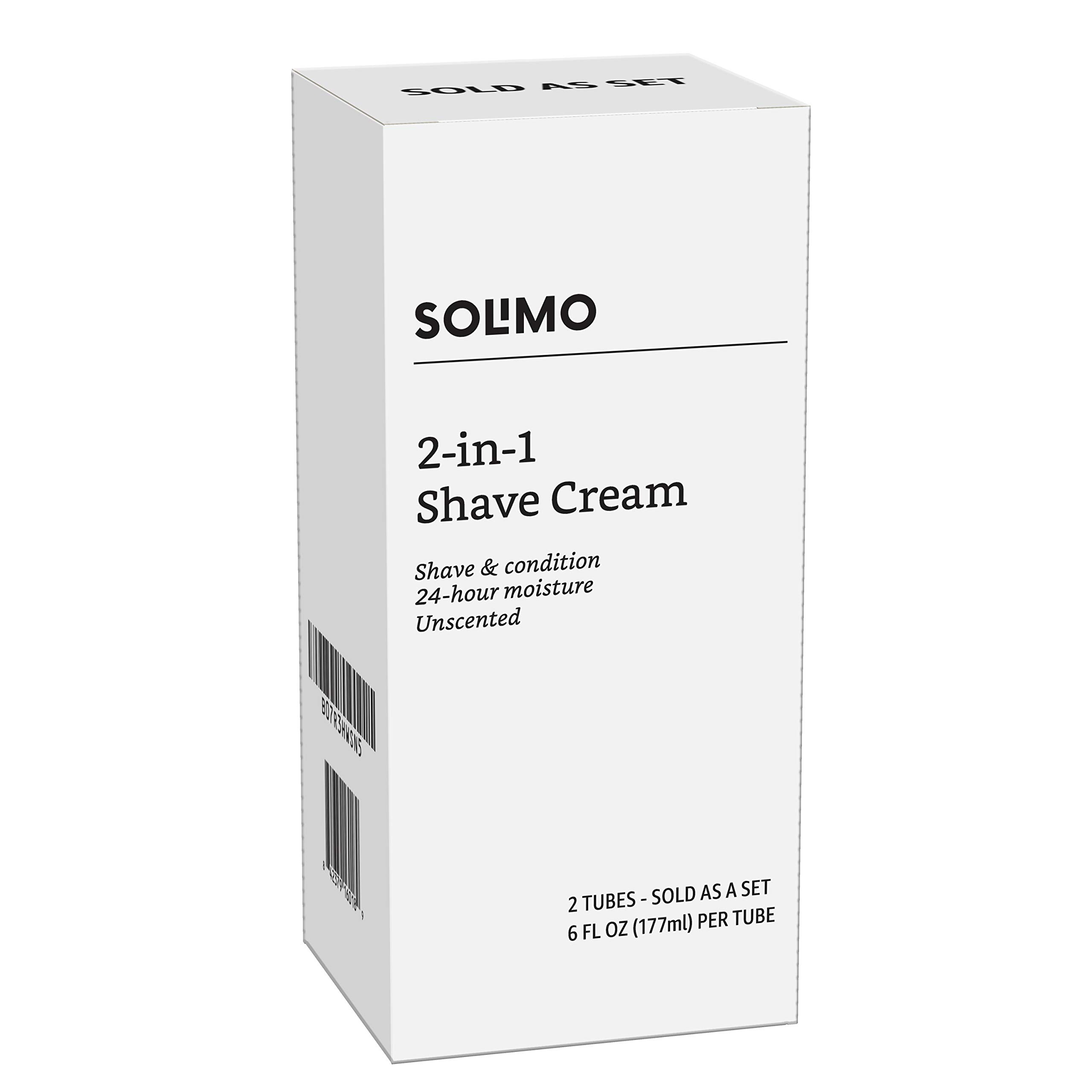 Amazon Brand - Solimo 2-In-1 Shave Cream, Fragrance Free, 6 Fl. Oz. (Pack Of 2)