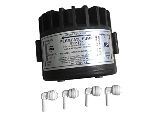 Aquatec ERP-500 Permeate Pump with 1/4" QC JG Inserts. Includes Mounting Clip, Screws, and Plug In Stem Elbow Pump/Tube Connectors (ERP500)