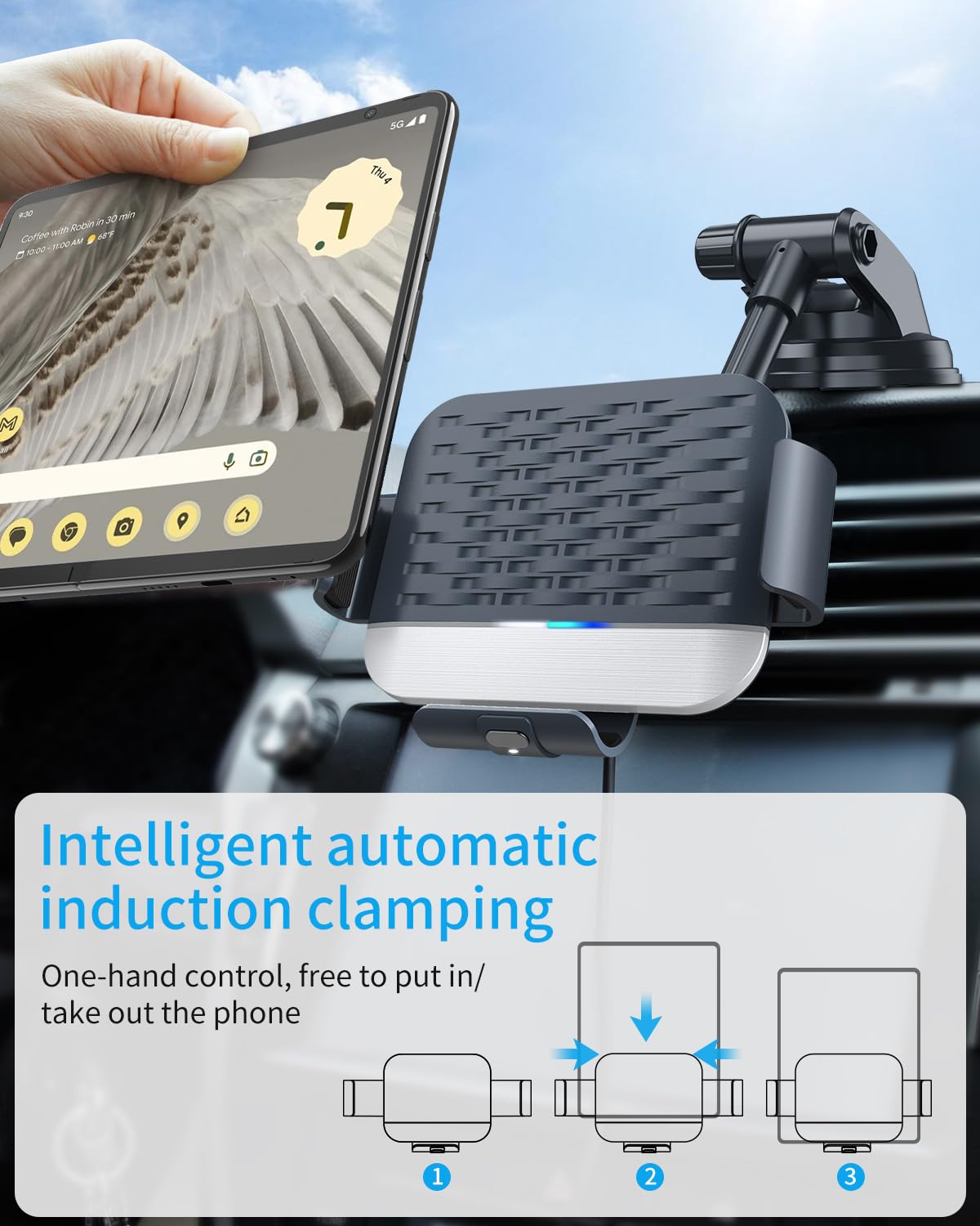 ANPULES Wireless Car Charger Mount for Google Pixel Fold, Dual Coil 15W Fast Charging Auto Clamping Car Charger for Pixel 8/ 8Pro, Dashboard Windshield Car Phone Holder for Google Pixel 7/7 Pro/6