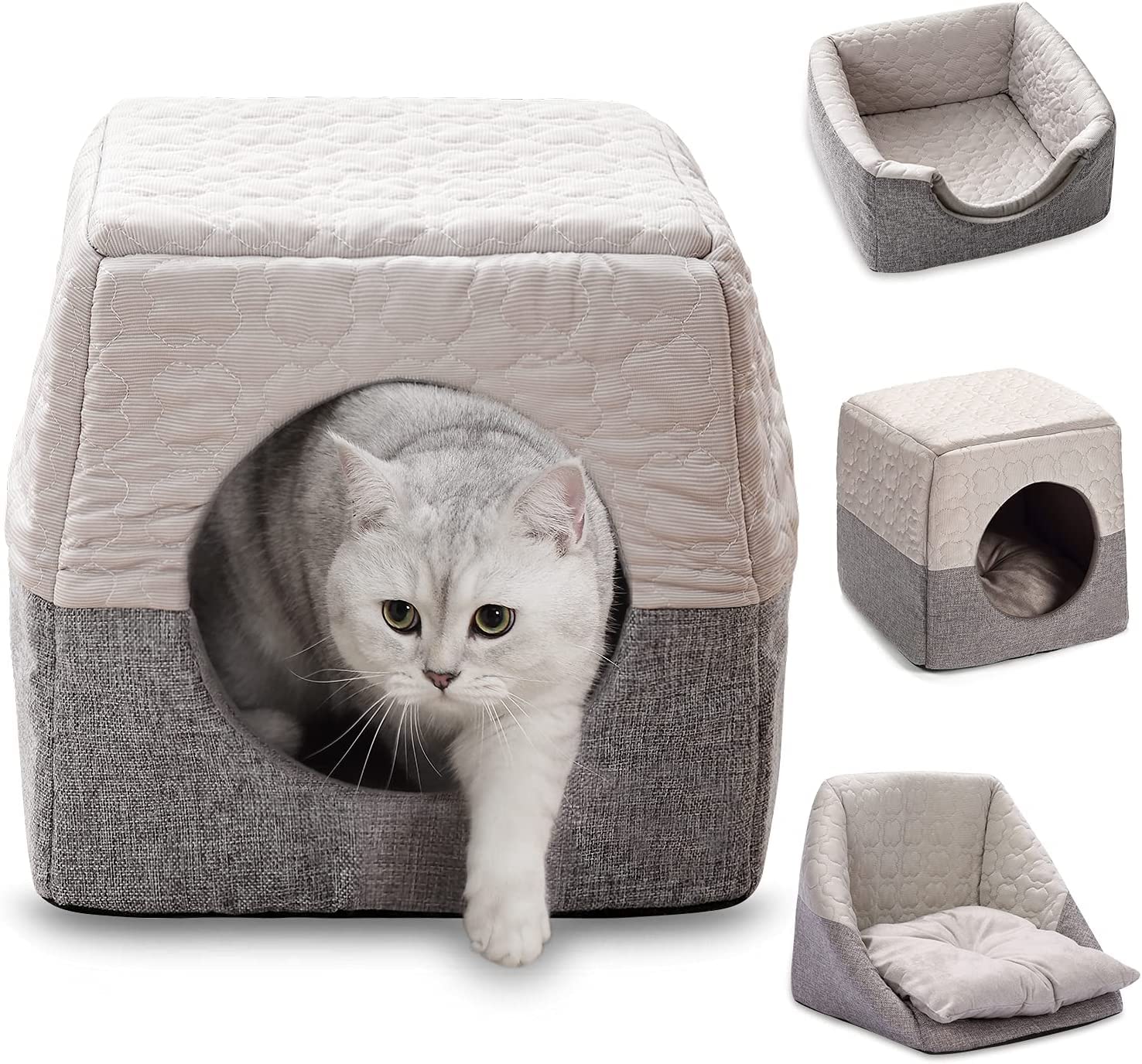 DREAMSOULE Cat Cosy Cube Bed, 3-in-1 Foldable Cat Dog Soft Sofa Cave Bed,Cool and Warm Tent Cave Microfiber Bed House with Removable Washable Cushion Pillow for Indoor Cats Small Dogs Puppy Pets