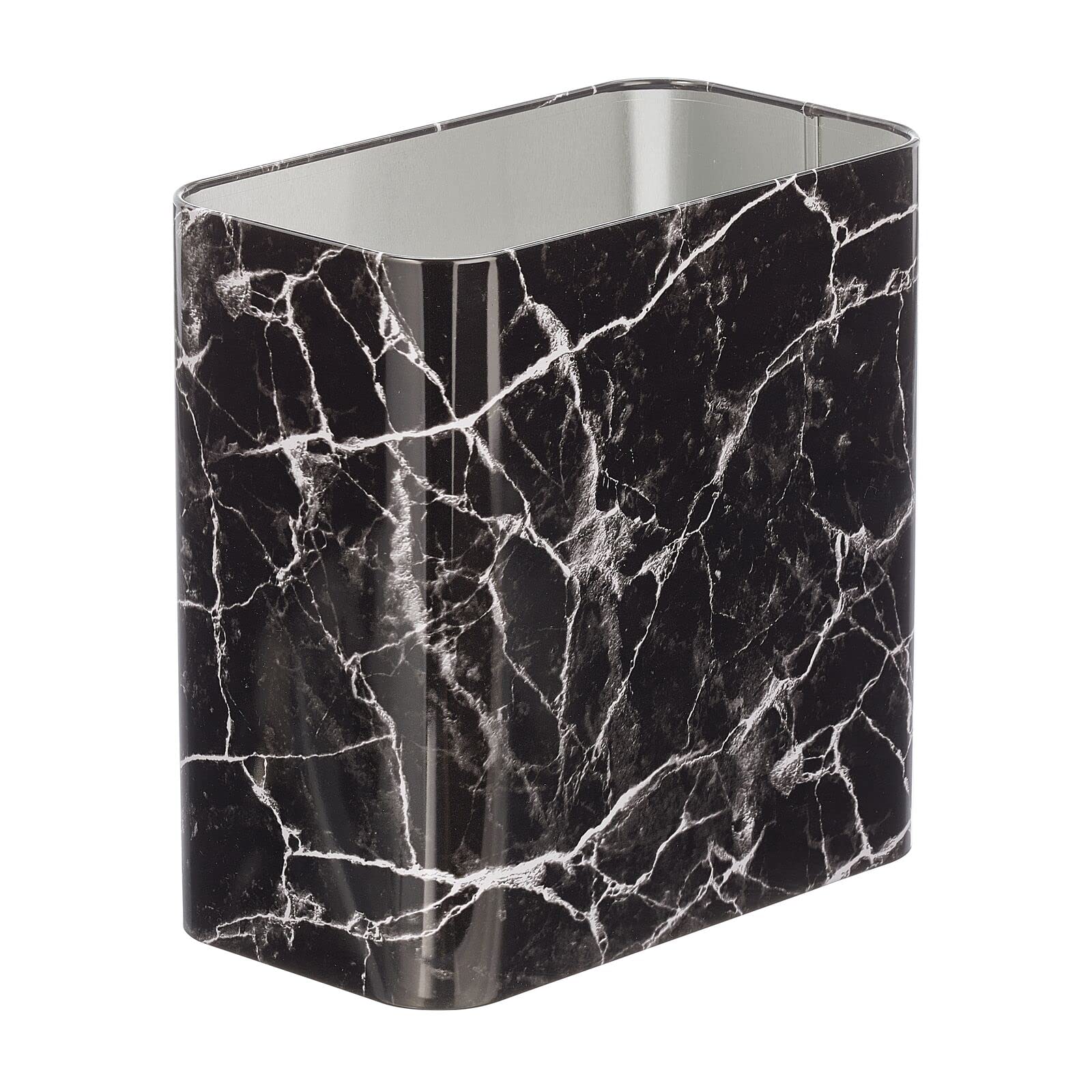 mDesign Small Metal 2.4 Gallon/9 Liter Trash Can Wastebasket Garbage Bin for Bathroom, Slim Rubbish Waste Bin Trashcans for Master/Guest Bath, Mirri Collection, Black Marble