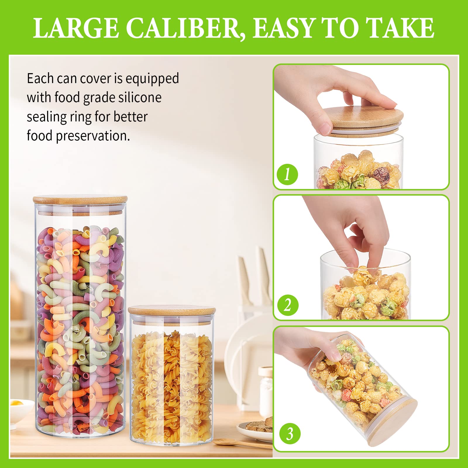 ABUVOV 5PCS Glass Storage Jars with Airtight Bamboo Lid Food Storage Containers Stackable Kitchen Cylinder Canisters for Candy, Cookie, Sugar, Flour, Pasta, Nuts and Spice Sealing and Preserving
