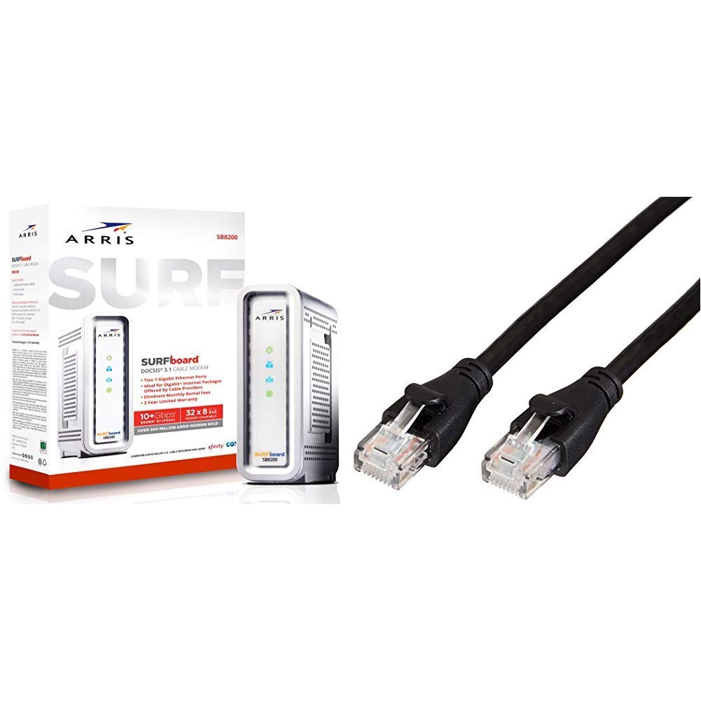 ARRIS Surfboard Docsis 3.1 Gigabit Speed Cable Modem, Approved for Cox, Spectrum and Xfinity, (SB8200 Frustration Free) & AmazonBasics RJ45 Cat-6 Ethernet Patch Internet Cable - 5 Feet