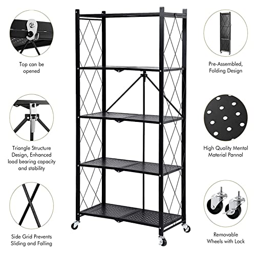 TIOPSUUO 5-Shelf Foldable Storage Shelf Unit on Wheels (No Assembly) Large Capacity Shelving Unit Steel for Kitchen, Garage, Basement, Pantry,Heavy Duty Steel Shelving Organizer Rack