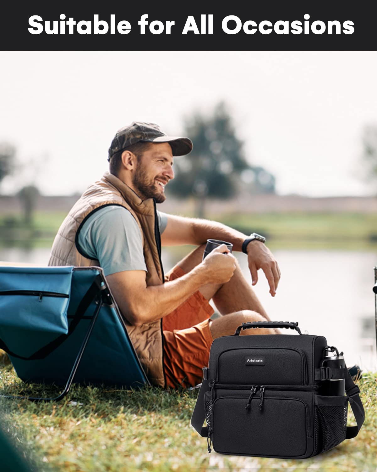 Artelaris Lunch Bag for Men Women, Dual Compartment Insulated Lunch Bag, Large Double Deck Leakproof Cooler Tote Bag with Side Pockets & Shoulder Strap Lunch Box for Picnic Work Camping Fishing