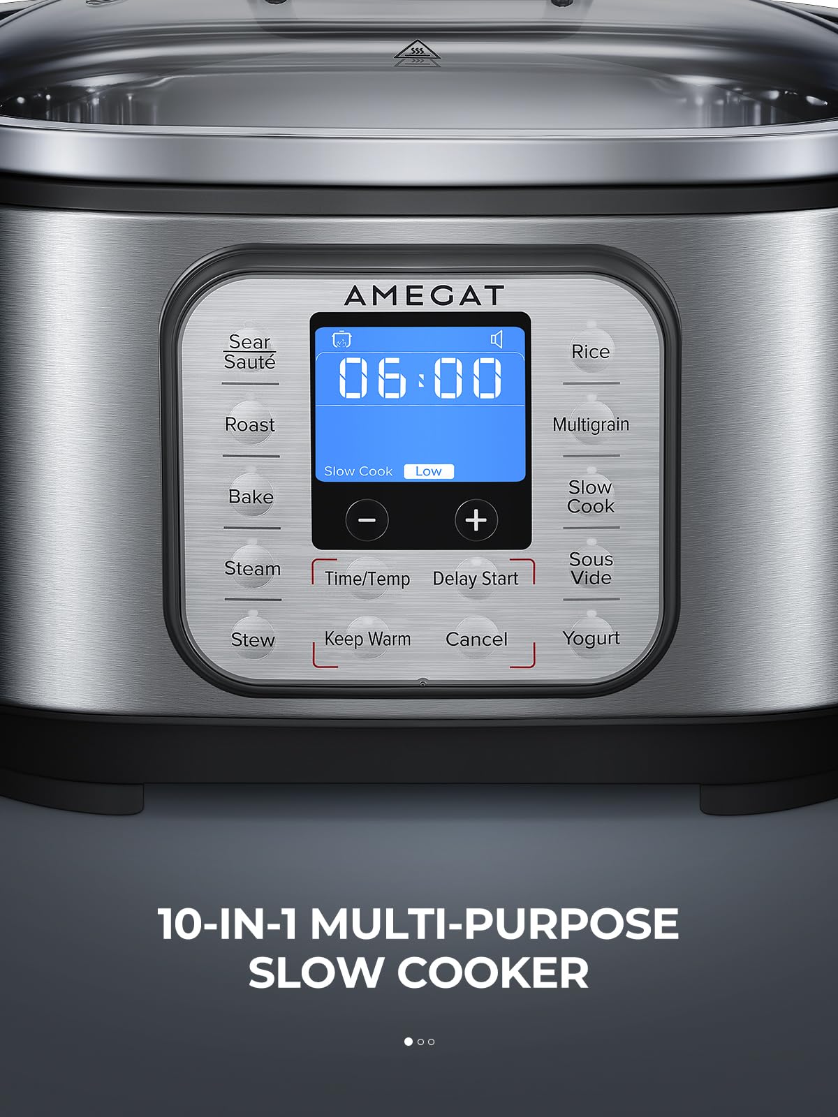 AMEGAT Slow Cooker 6 Quart, 10 in 1 Programmable Cooker, Rice Cooker, Sauté, Steamer & More, Stainless Steel Inner Pot, Steaming Rack & Glass Lid, Delay Start, Adjustable Temp & Time with LED Display
