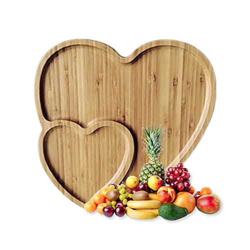 Bamboo Serving Tray Heart Shaped Cheese Board Salad Plate Double Dinner Plate Cake Plate Universal Serving Platter Appetizer Plate for Snack Candy Food Fruit Vegetables Home Party Entertaining Decor