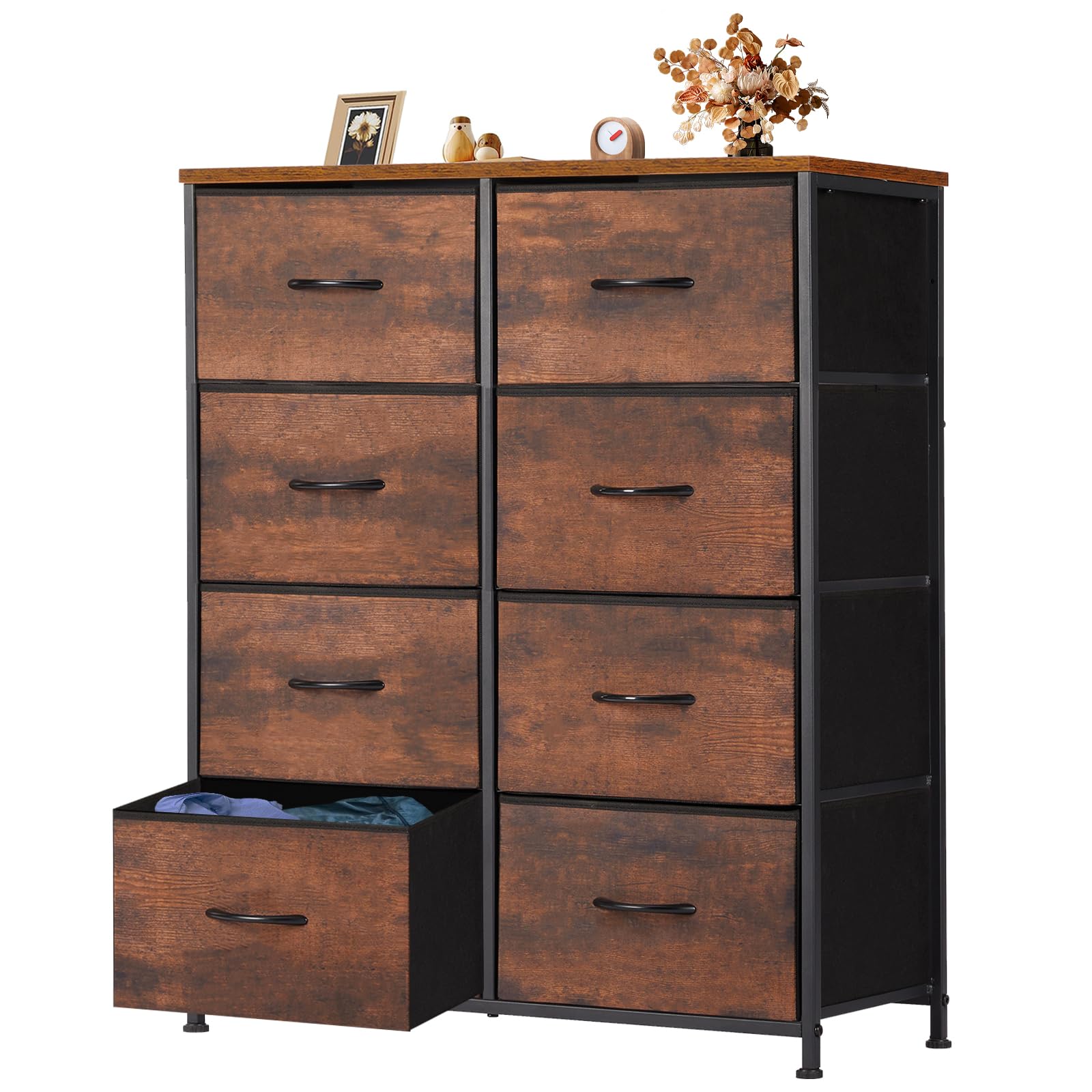 Sweetcrispy Dresser for Bedroom, Chest of 8 Drawers Cloth Dresser, Closet Storage Clothes Organizer Tower with Fabric Bins, Metal Frame, Wood Tabletop for Living Room, Kids Room, Nursery, Entryway