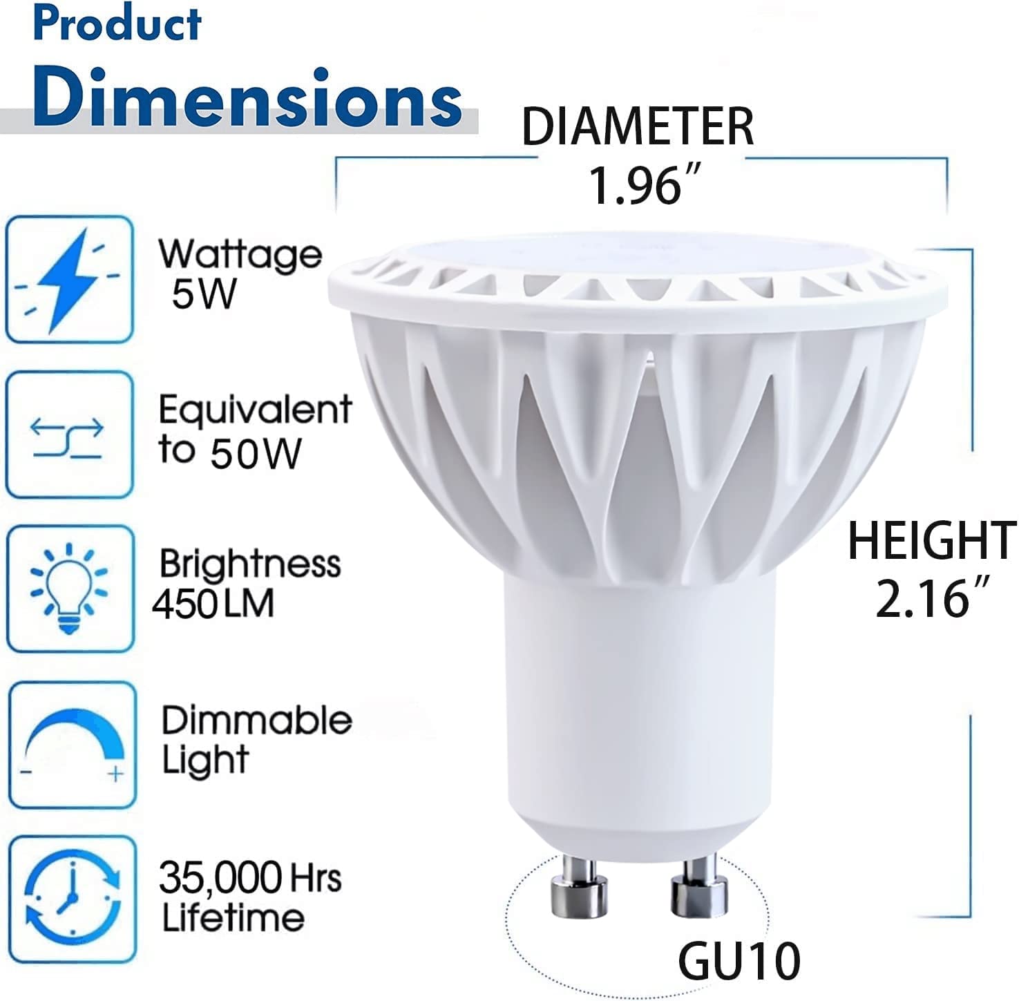 GOHDLAMP Dimmable GU10 LED Bulbs - 50W Equivalent Recessed Track Lighting - 5W 5000K Daylight White - 450LM 38° Beam Spot Light Bulbs - Ideal for Kitchen, Living Room, Bedroom - Pack of 6.
