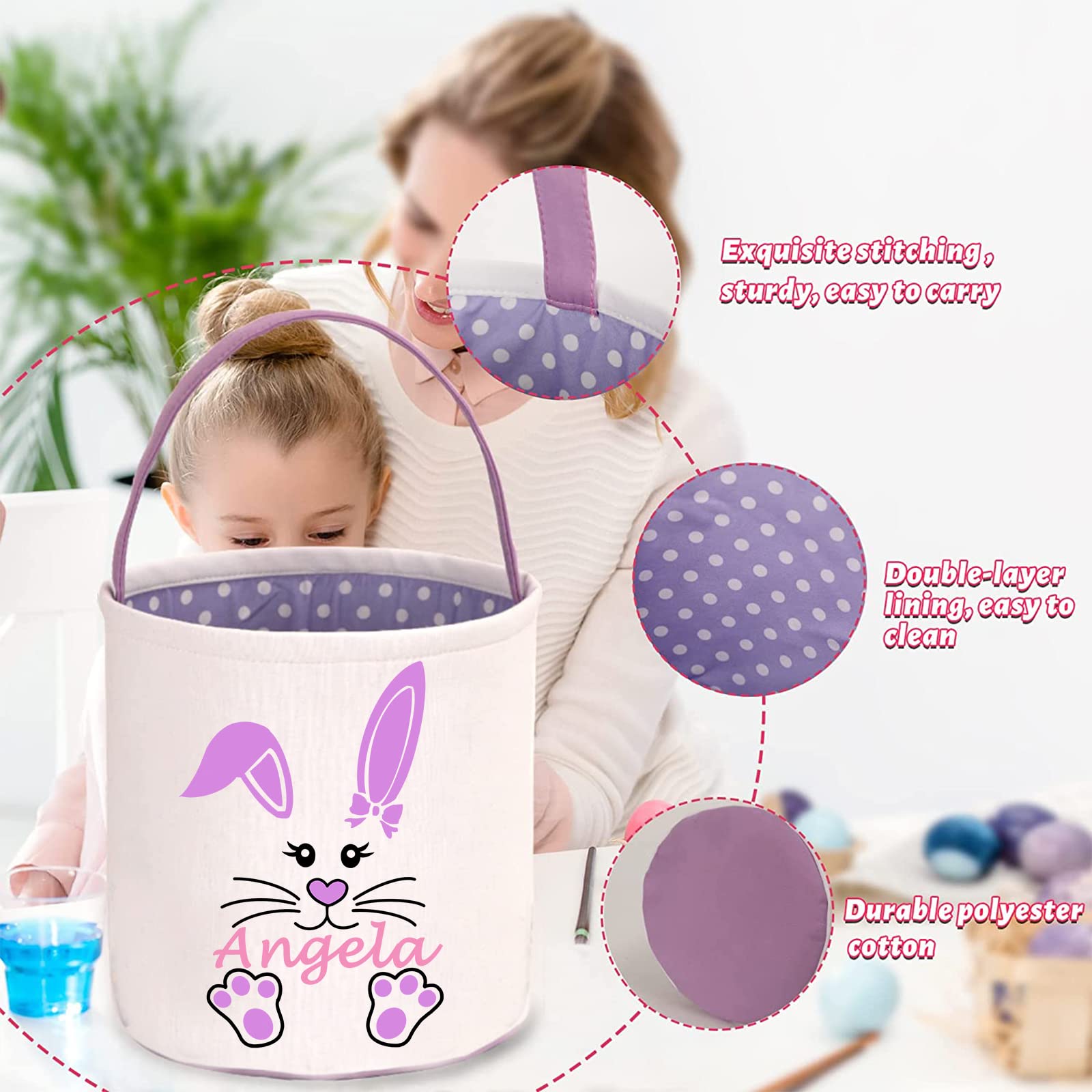 chopie Personalized Easter Basket, Easter Baskets Bags, Easter Eggs/Gift Baskets for Kids, Bunny Tote Bag Bucket for Easter Eggs, Easter Basket Stuffers for Kids & Toddler, Toys, Gifts