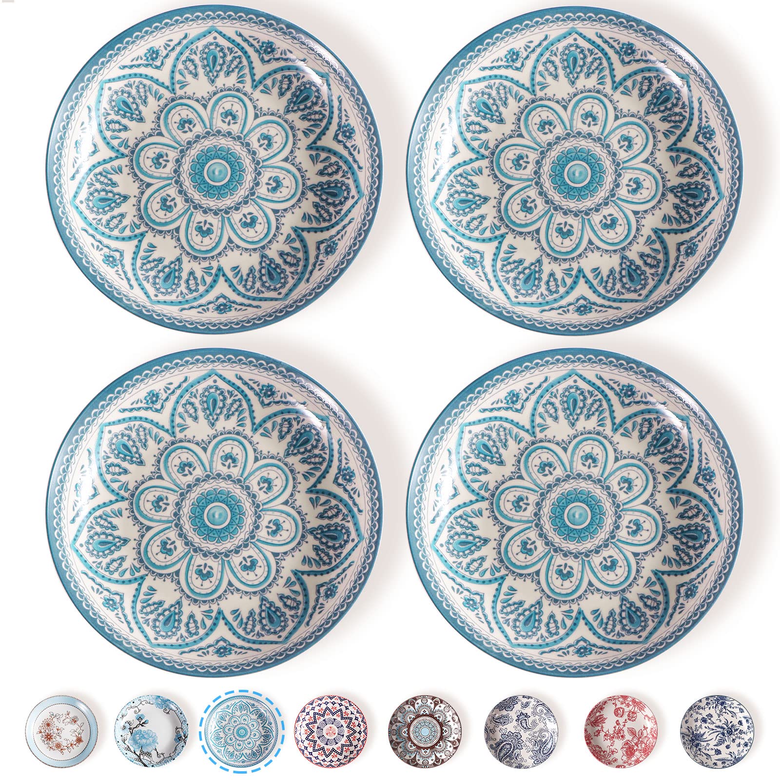 Artena Pasta Bowls Set Of 4, 24oz Porcelain Salad Bowls, 8 Inch Bowls For Kitchen, Colorful Dinner Plates, Serving Bowls For Entertaining, Shallow Bowl For Eating, Microwave, Oven Safe, Blue Bohemia