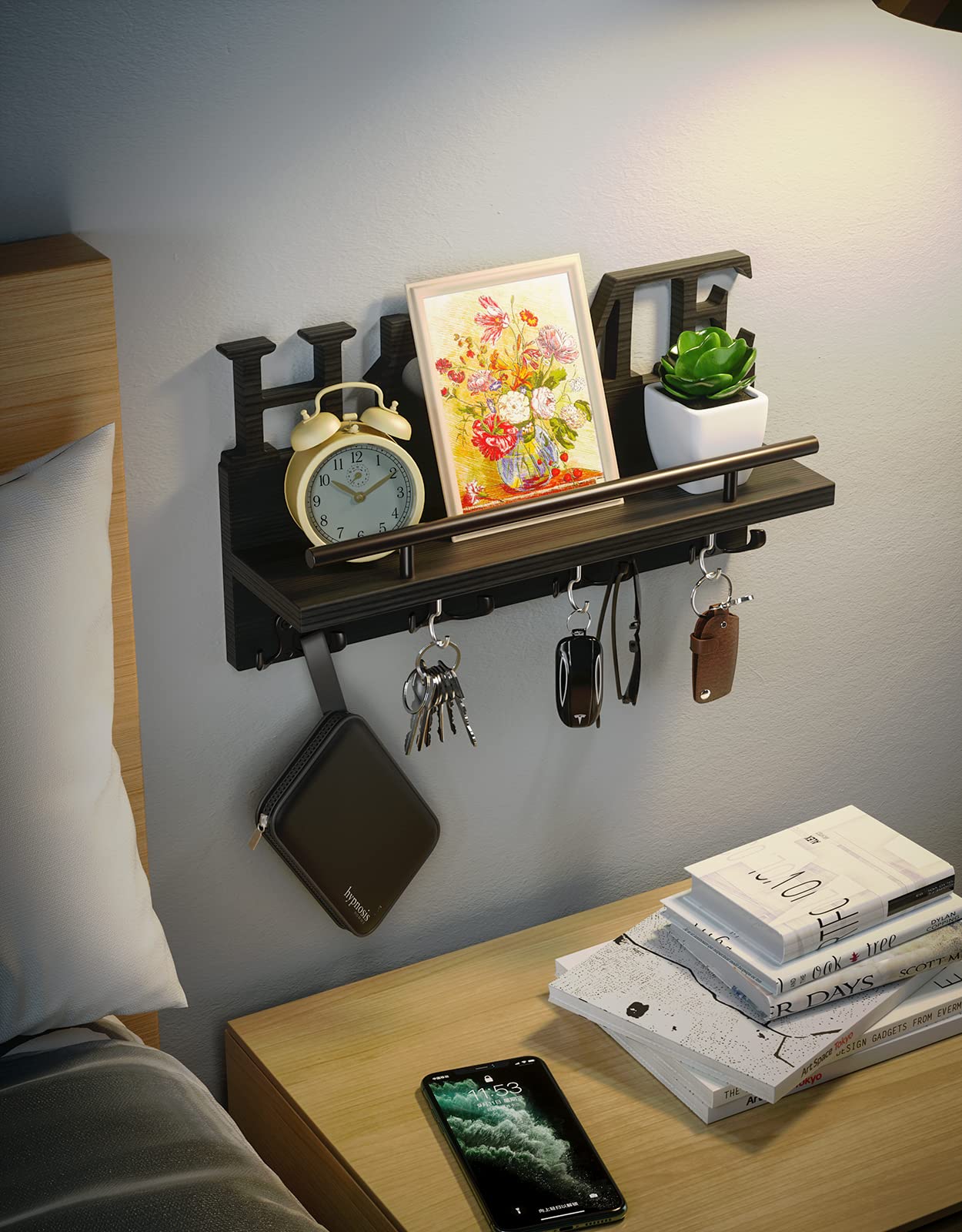 SWTYMIKI Key Hooks for Wall with Home Decoration, Wood Mail Organizer with Key Holder and Mail Holder Design, Wall Mounted Key Hanger Suitable for Entryway, Front Door, Hallway, Office, Black