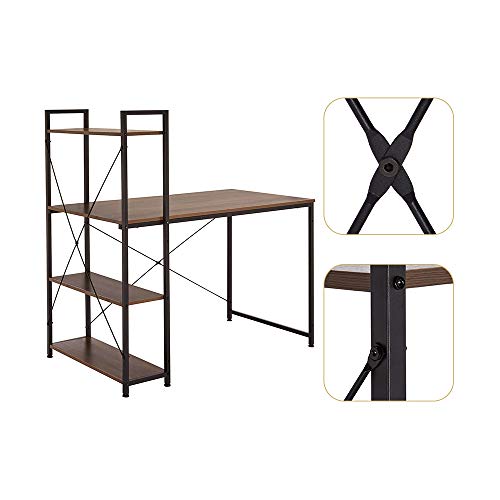 Coral Flower Tower Computer Desk with 4 Tier Shelves - 47.6'' Multi Level Writing Study Table with Bookshelves Modern Steel Frame Wood Desk Compact Home Office Workstation (Natural brown)