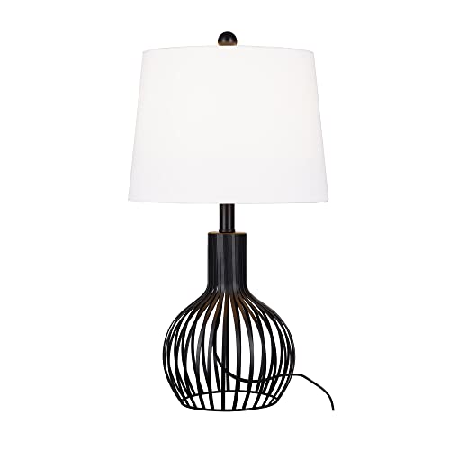 Catalina 23108-001 Farmhouse Metal Cage Base Table Lamp with White Linen Shade, 23", Black