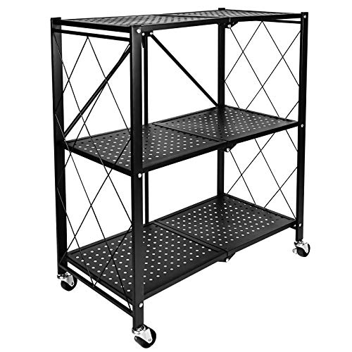 Miibox 3-Tier Heavy Duty Foldable Metal Rack Storage Shelving Unit with Wheels Moving Easily Organizer Shelves Great for Garage Kitchen Holds up to 750 lbs Capacity, Black (HKSHLFFOLD28153403BV6)