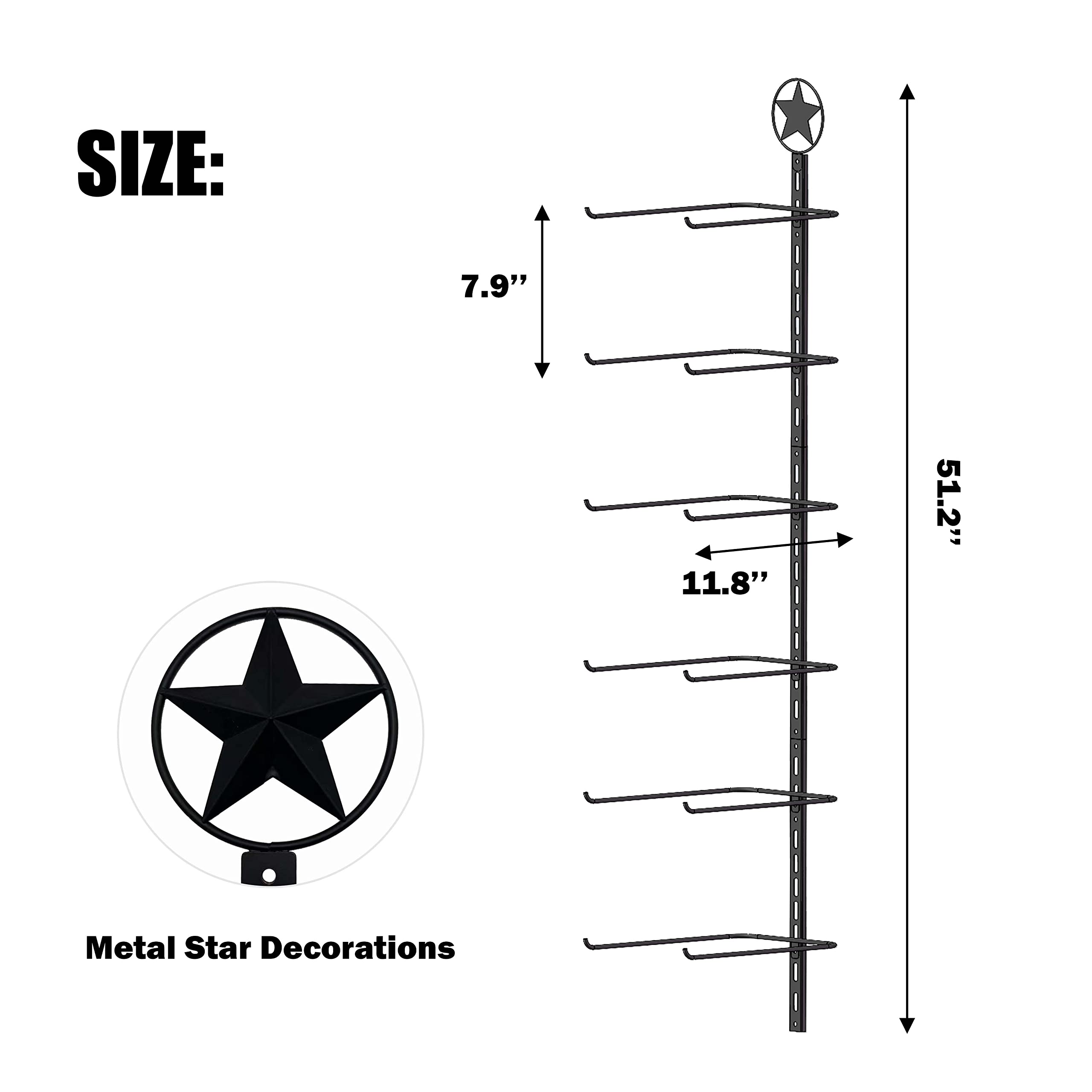 Dancenser Cowboy Hat Rack for Wall, 6 Pieces Cowboy Hat Holder, Western Hat Rack for Cowboy Hats with Decorative Star, Rustic Metal Cowboy Hat Wall Storage for Room Western Decor, Black