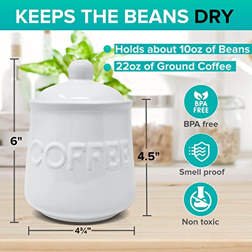 Kovot Ceramic Coffee Canister - Embossed Coffee Jar with Air-Sealed Lid - Best Coffee Preserver - Airscape Coffee Container - Easy to Wash, Color: Ivory White, Measures: 6”H