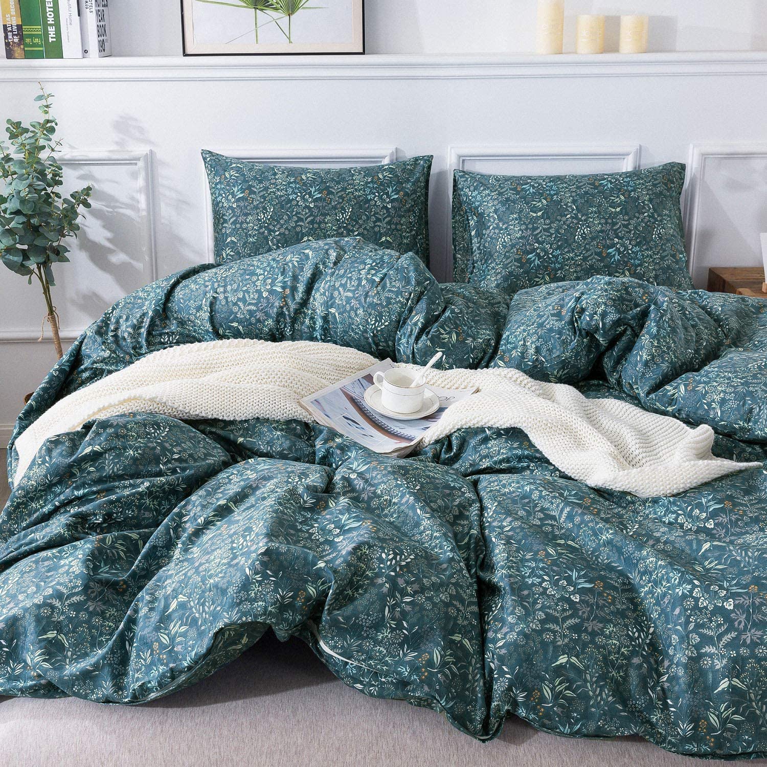 EAVD Garden Style Botanical Floral Duvet Cover Twin Soft 100% Cotton Yellow Floral Leaves Pattern Bedding Set with 2 Pillowcases Reversible Girld Plaid Duvet Cover with Zipper Closure