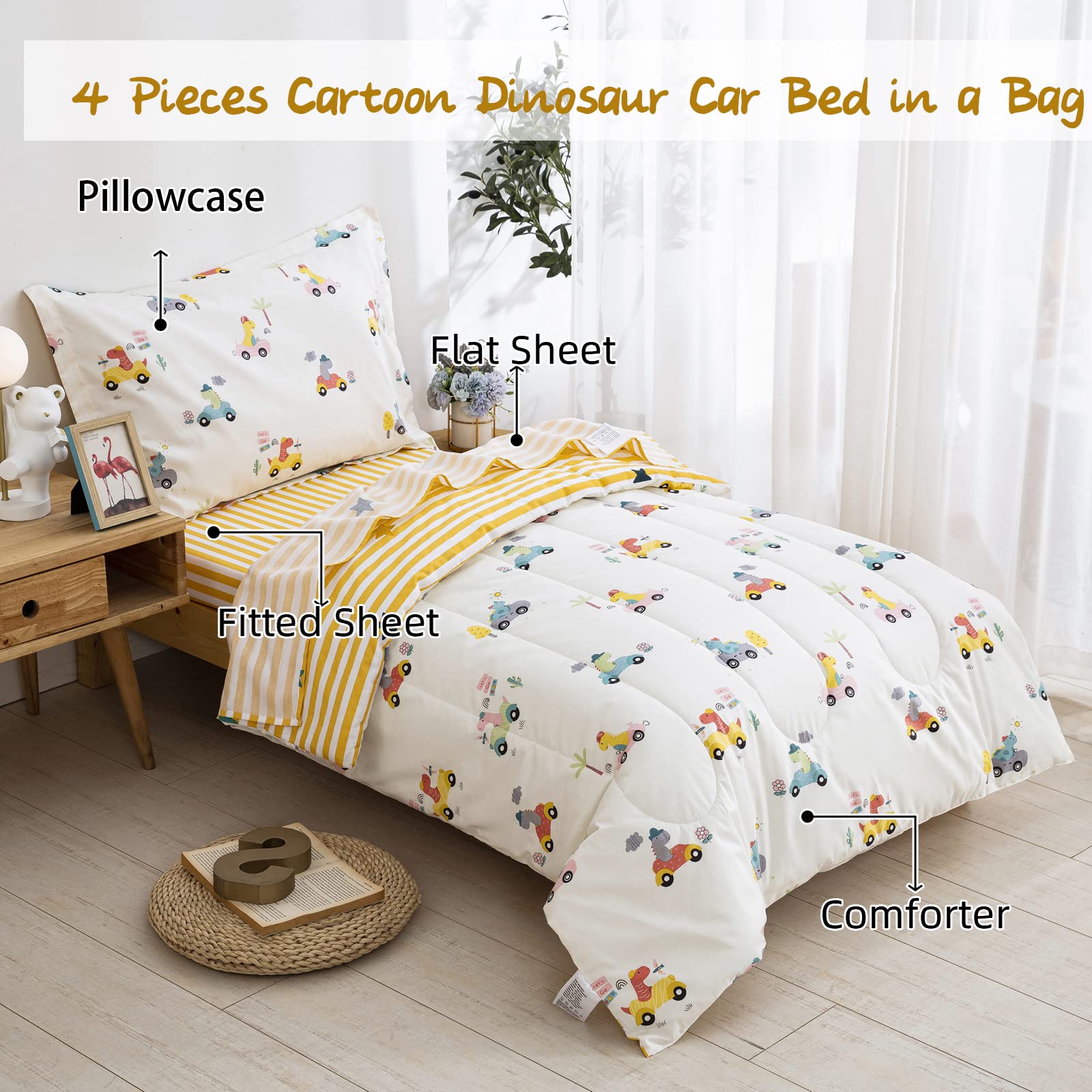 4pcs Cotton Comforter Set for Kids, Dinosaur Car Toddler Bedding Comforter for Boys Girls, Soft Reversible Bedding Set for All Season (1 Comforter,1 Flat Sheet, 1 Fitted Sheet and 1 Pillowcase )