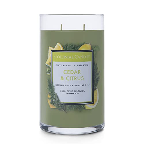 Colonial Candle Cedar & Citrus Scented Jar Candle, Classic Cylinders Collection, 2 Wick, Green, 19 oz - Up to 120 Hours Burn