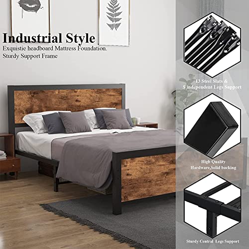 Catrimown Twin Size Metal Bed Frame with Rustic Brown Wooden Headboard,Mattress Foundation,Large Under Bed Storage,Metal Slat Support,No Box Spring Needed,Easy Assembly