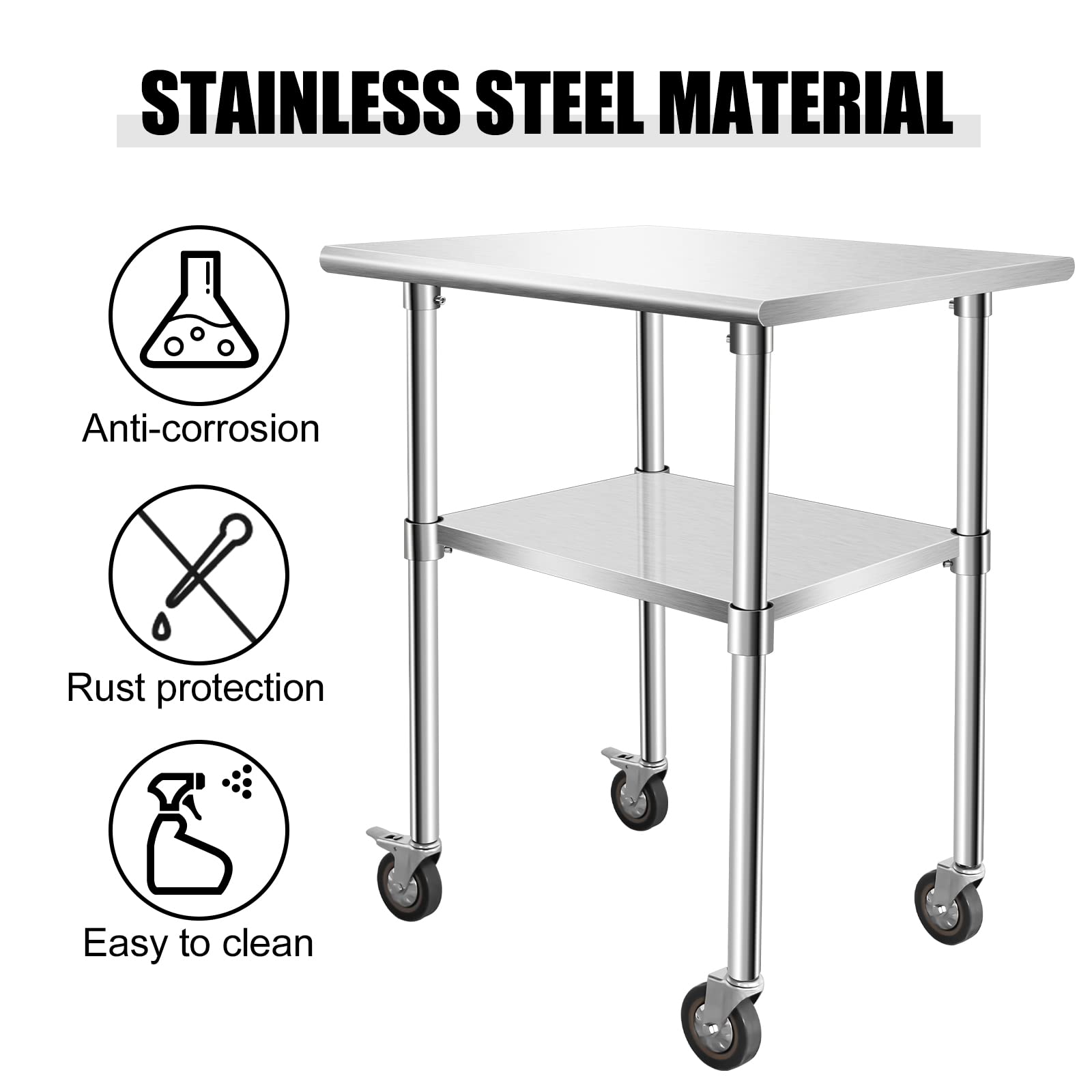 KODOM Food Prep Stainless Steel Table 36" x 30", Heavy Duty Workbench with Adjustable Under Shelf, Commercial Worktable with 4 Casters for Commerical Kitchen, Restaurant, Home and Hotel