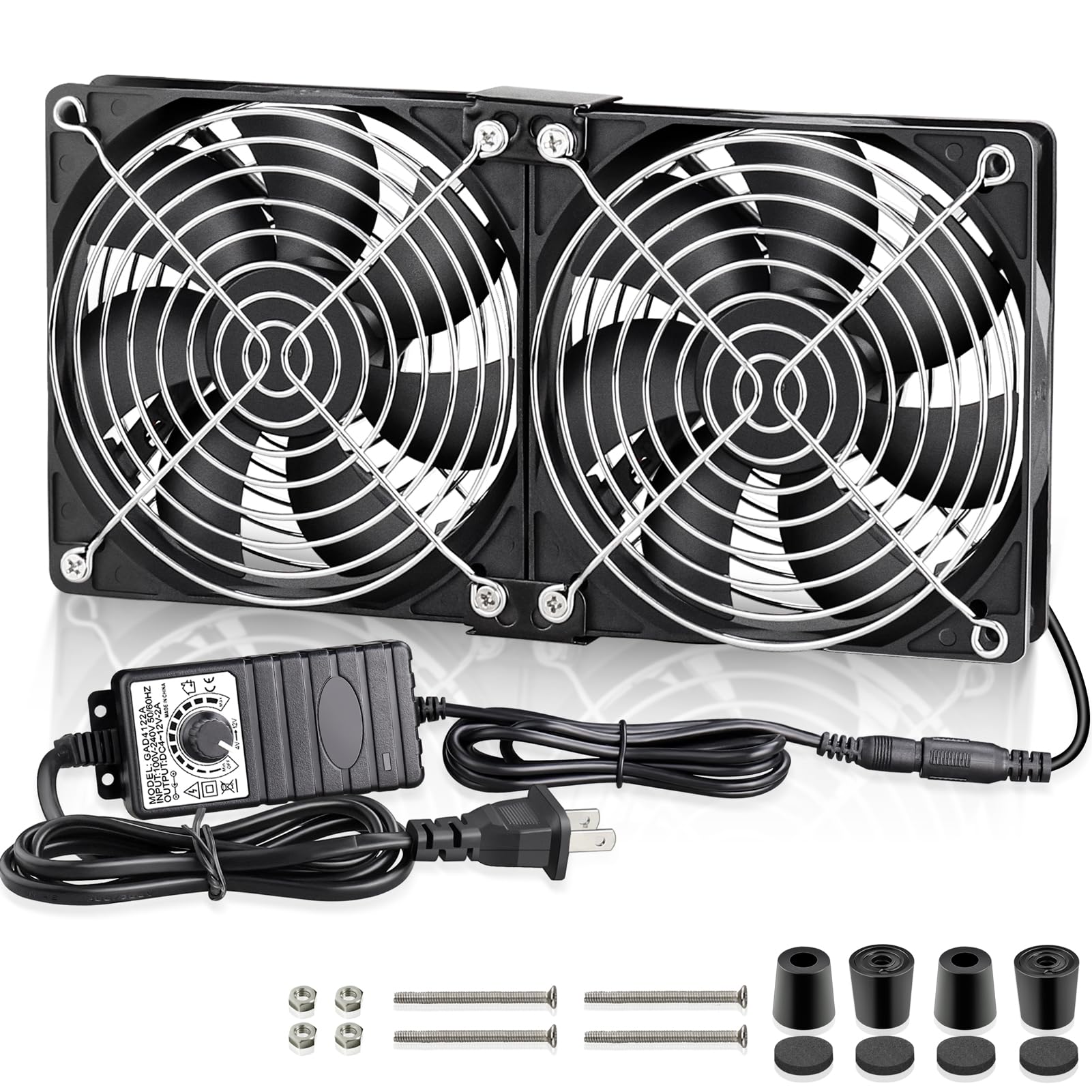 GDSTIME Big Airflow Dual 120mm Fans DC 12V Powered Fan with AC 110V - 240V Speed Control, Cabinet Chassis Cooling Fan, Server Workstation Cooling Fan