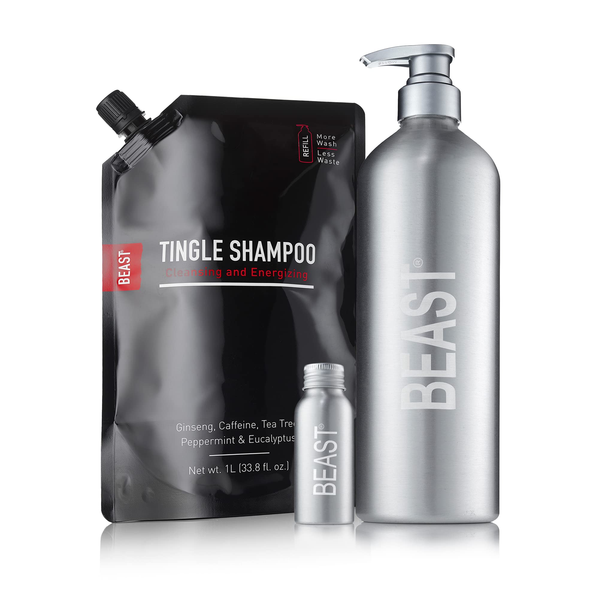 Beast Tingle Shampoo 1L (33.8 fl oz) Pouch + Reusable Durable Aluminum Bottle Shower & Travel Set (1L & 2oz travel size)