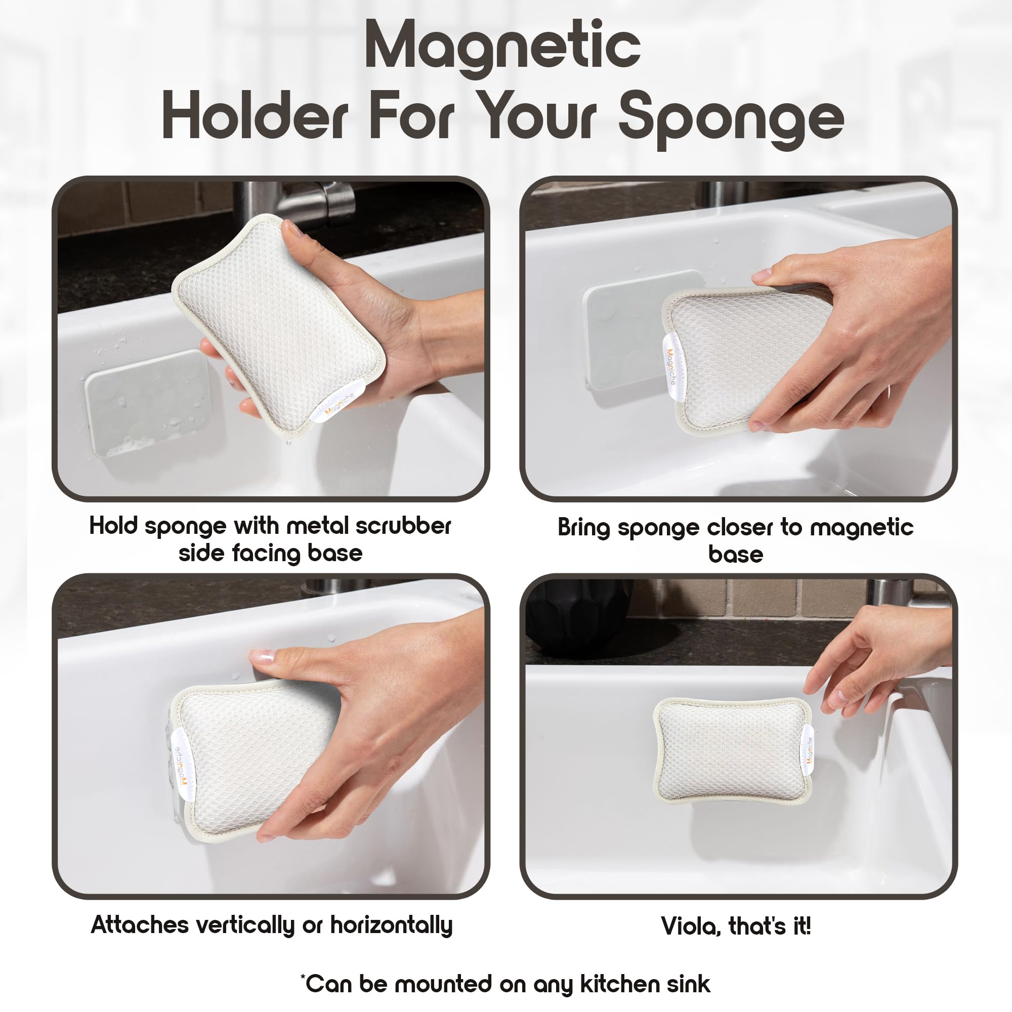Magniche Magnetic Sponge Holder System -3-in-1 Kitchen Cleaning Combo- Magnetic Sponge Holder for Kitchen Sink, 4 Dual-Sided Dish Sponges & Scrubber, 1-Year Supply Sponges, Long-Lasting Dish Sponge