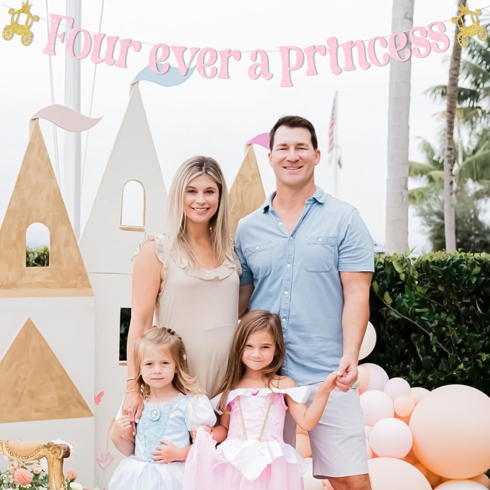 Sursurprise Princess 4th Birthday Party Decorations, Four Ever A Princess Banner Pink Gold for Girls, Princess Themed 4 Years Old Birthday Party Supplies