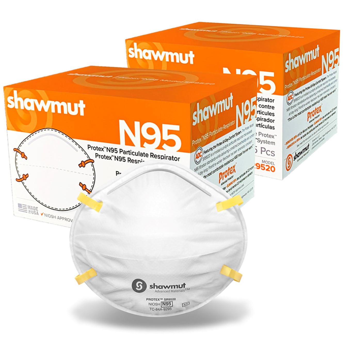 Shawmut Protex⢠N95 Mask Particulate Respirators NIOSH Approved Made in the USA, Protective Face Mask, 2 Pack of 5 (Approval Number TC-84A-9295 / Model SR9520)
