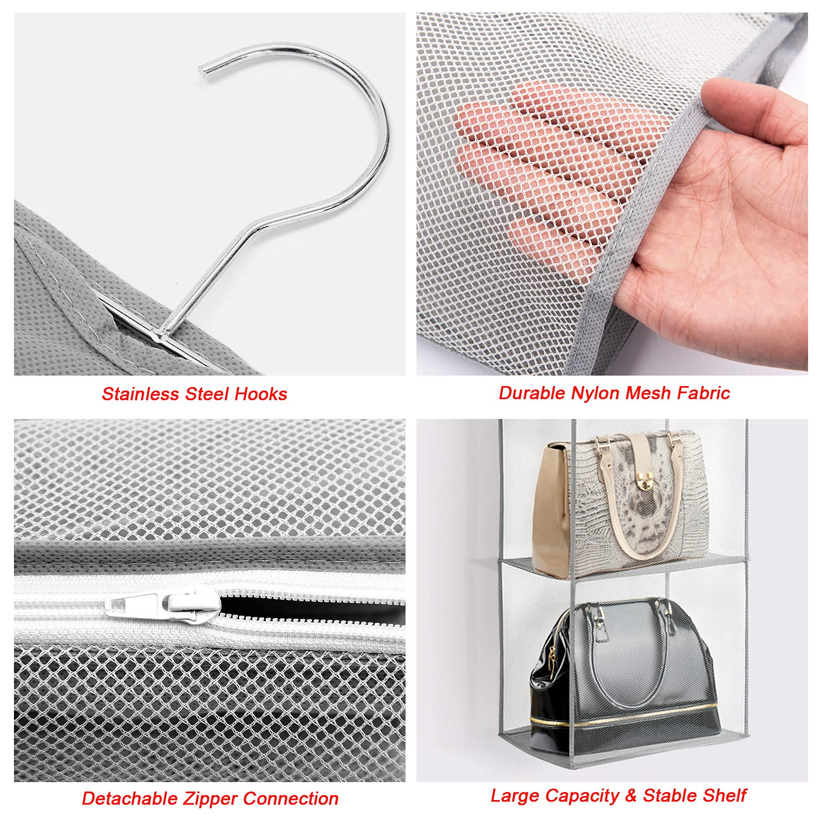 Febou 2 Pack Hanging Purse Organizer for Closet, Detachable Hanging Handbag Storage Purse Holder with 4 Mesh Shelves for Wardrobe Closet Purse Organizer (Grey)