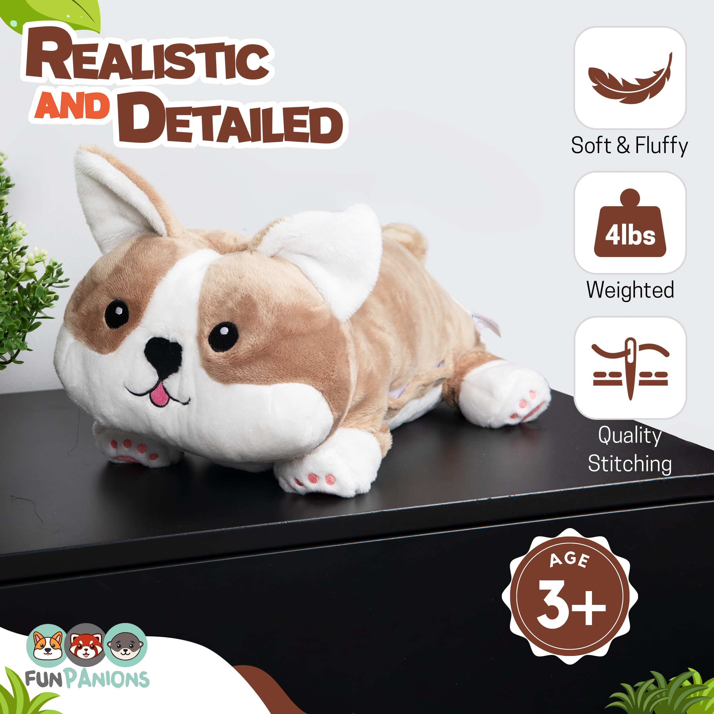Funpanions Weighted Stuffed Animals β 4LB Cute Plush for Adults, Teens & Kids - Large Corgi Dog, Machine Washable w/Removable Inner Weight