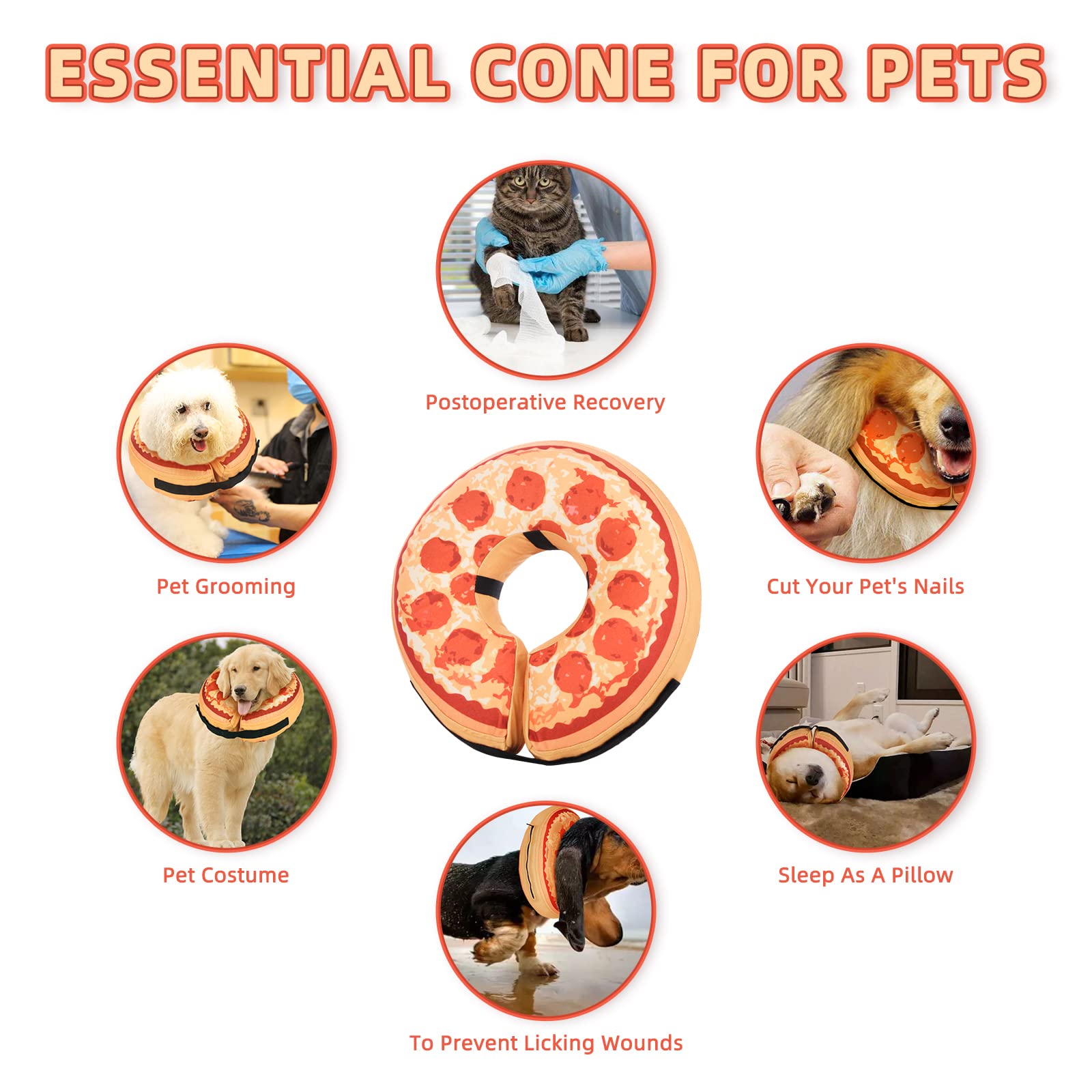 Inflatable Dog Cone Collar,Soft Protective Collar for Dogs and Cats Recovery Pet Cone, E-Collar Dog Neck Pizza Dog Cone After Surgery(No Pump)