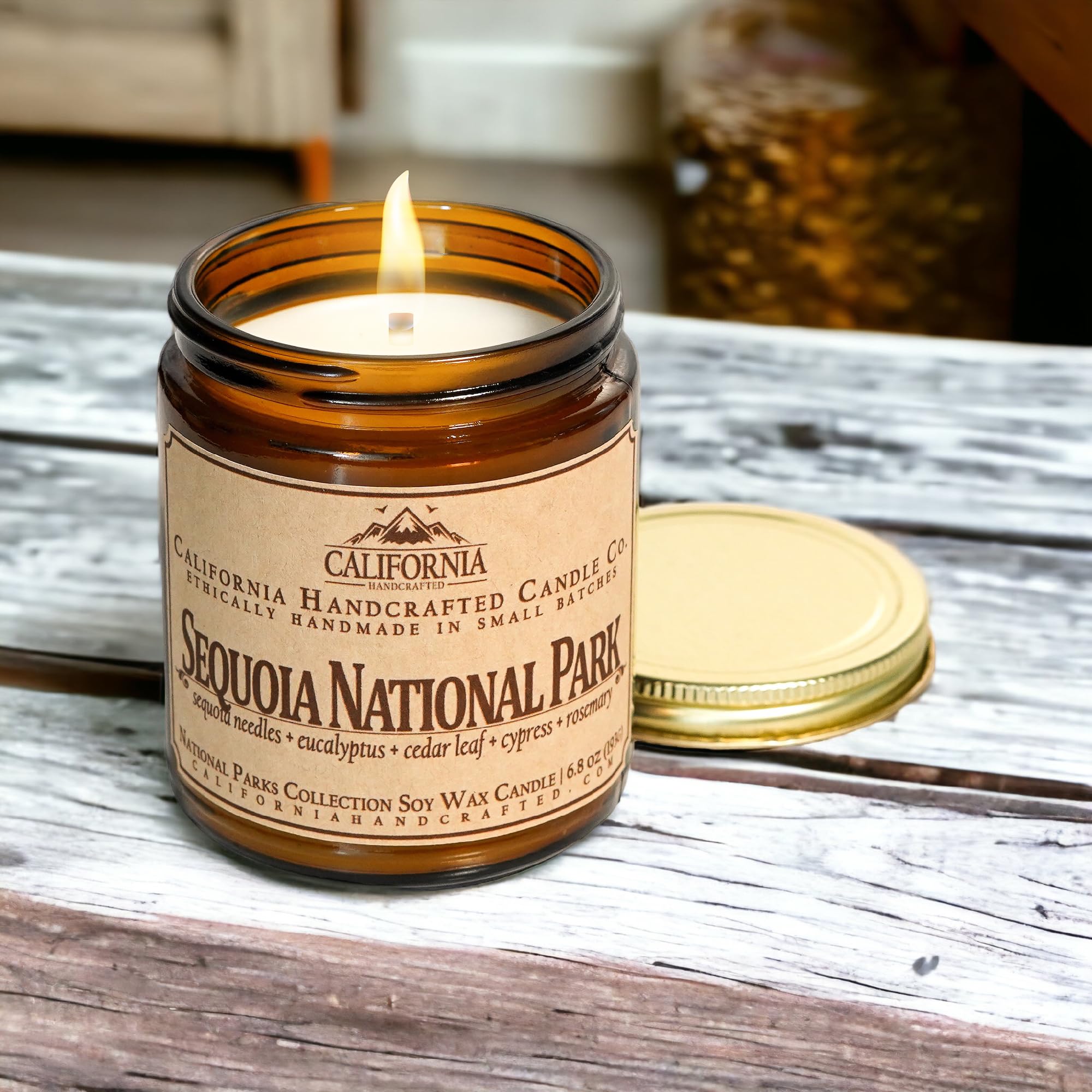 California Handcrafted Sequoia National Park Amber Jar Soy Wax Candle - Sequoia Needles, Eucalyptus, Cedar Leaf, Cypress, Rosemary, 9 oz, America's National Parks Collection