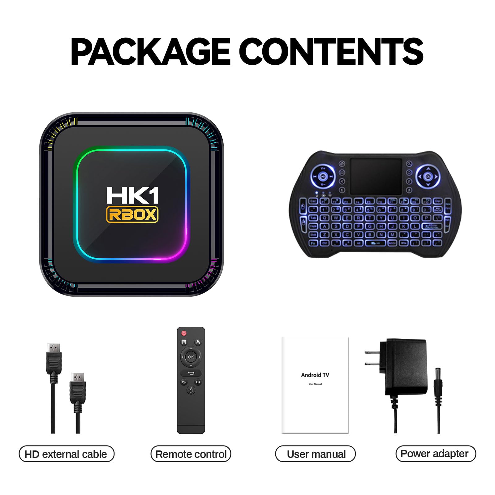 Android TV Box 13.0 4GB RAM 64GB ROM RK3528 WiFi 6 Smart TV Box RGB Light Set Top Box BT5.0 Ultra HD 1080P 4K 8K HLG Mode HDR10+ WiFi 6 USB 3.0 Android Box with Mini Wireless Backlit Keyboard