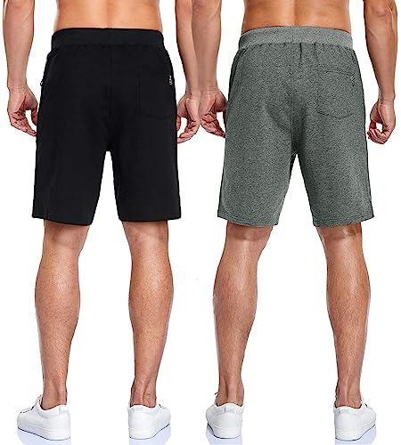 Boyzn Men's 2 Pack Casual Shorts Comfortable Cotton Workout Shorts Elastic Waist Joggers Gym Running Shorts with Zipper Pockets Black/Dark Grey-L