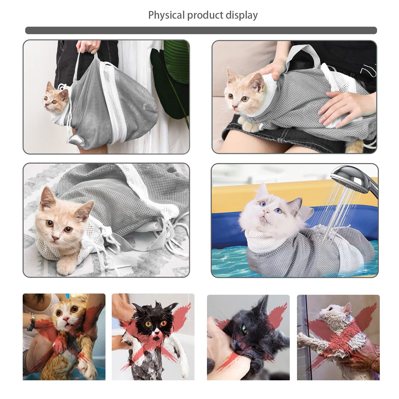 MSMUOEZ Adjustable Multifunctional Anti-Bite Shower net Bag,Cat Grooming Mesh Bag, Cat Bathing Bag,Cat Bath Brush and Pet Finger Toothbrush (B-Grey)
