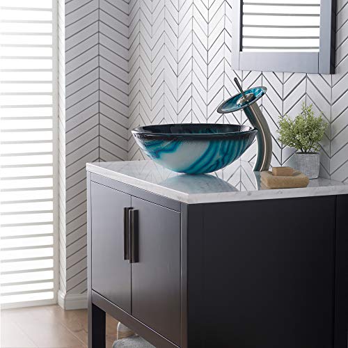 AUS Nature Series™ Blue Glass Bathroom Vessel Sink and Waterfall Faucet Combo Set with Matching Disk and Pop-Up Drain, Satin Nickel Finish