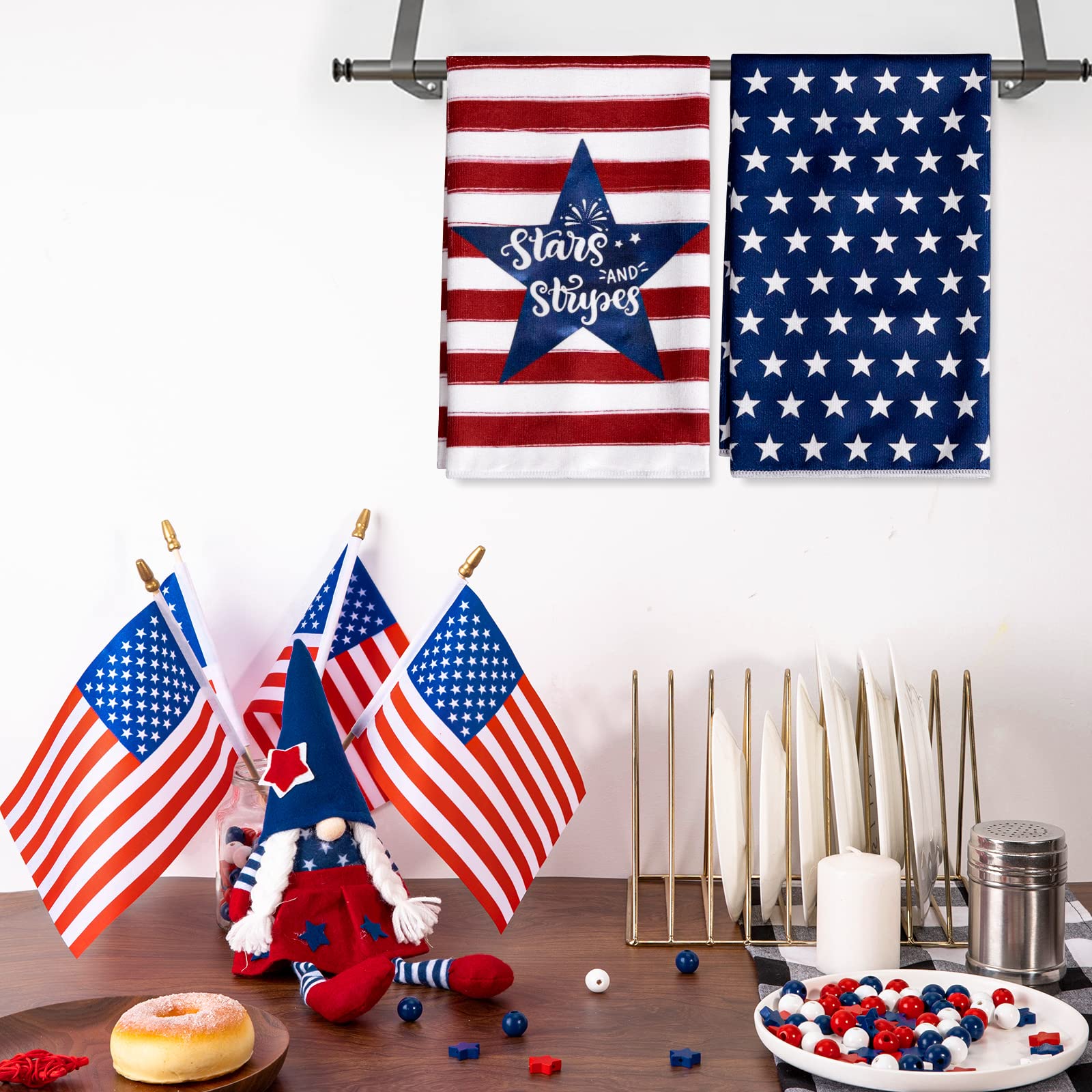 AnyDesign 4th of July Kitchen Dish Towel 18 x 28 In Independence Day American Flag Stars Stripe Dishcloth Red Blue White Cloth Tea Towel Decorative Hand Towel for Bathroom Kitchen Cooking Baking, 2Pcs