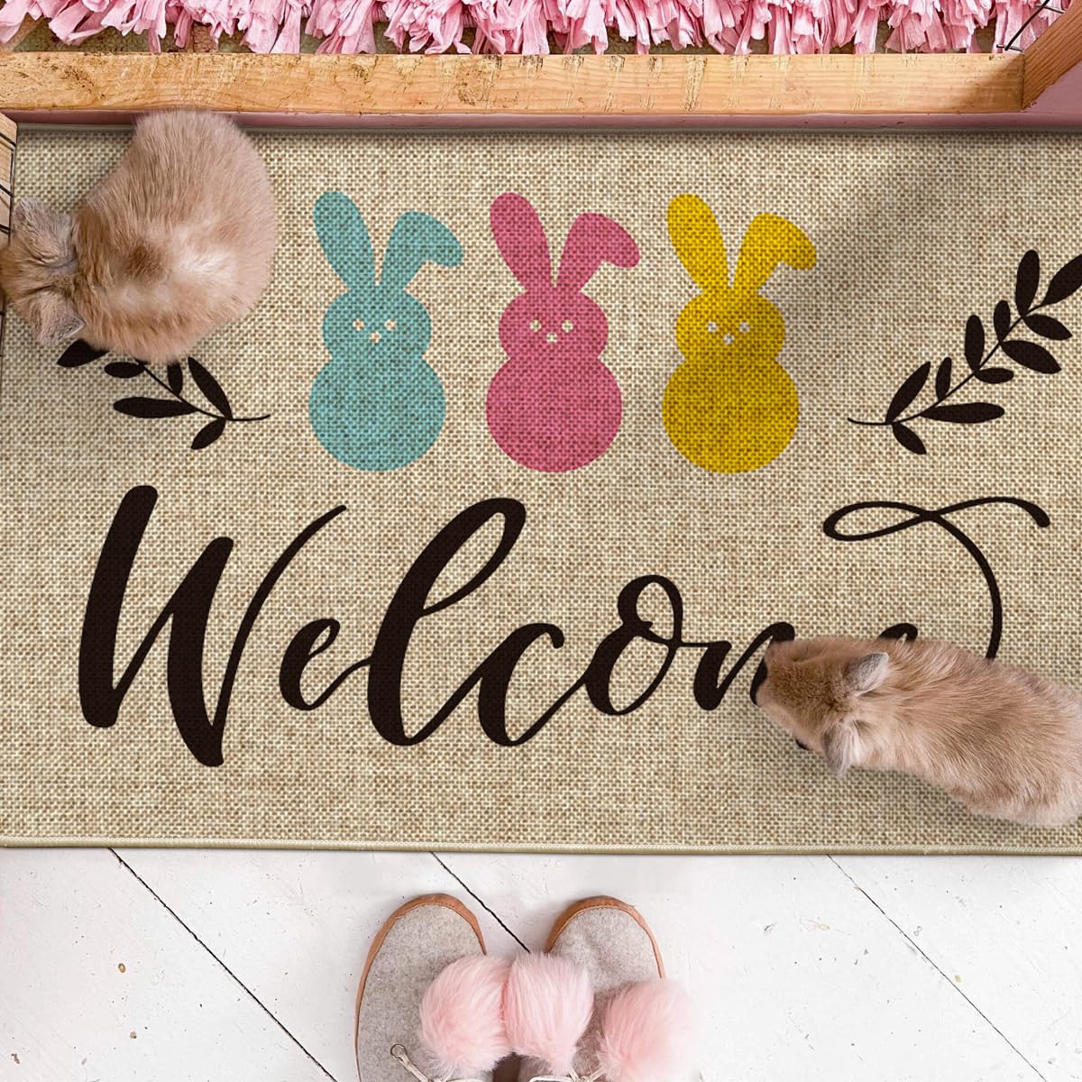 Artoid Mode Welcome Easter Rabbits Decorative Doormat, Seasonal Spring Easter Holiday Low-Profile Floor Mat Switch Mat for Indoor Outdoor 17 x 29 Inch