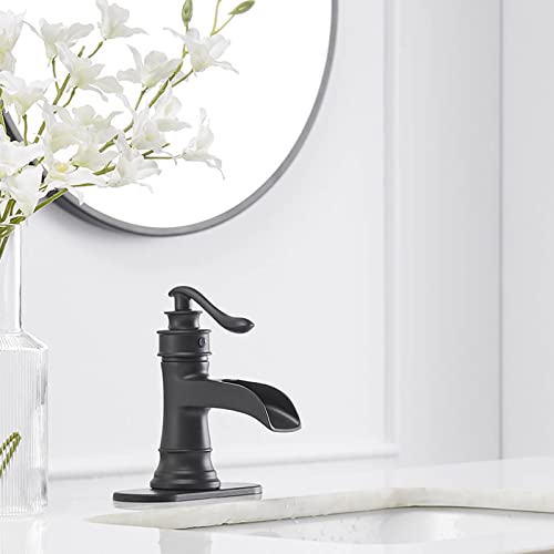 Black Bathroom Faucet Matte Waterfall Sink Farmhouse Vanity Single Hole Faucets One Handle Basin Antique centerset with Pop Up Drain Stopper Mixer Tap Overflow Supply Line Lead-Free by Homevacious