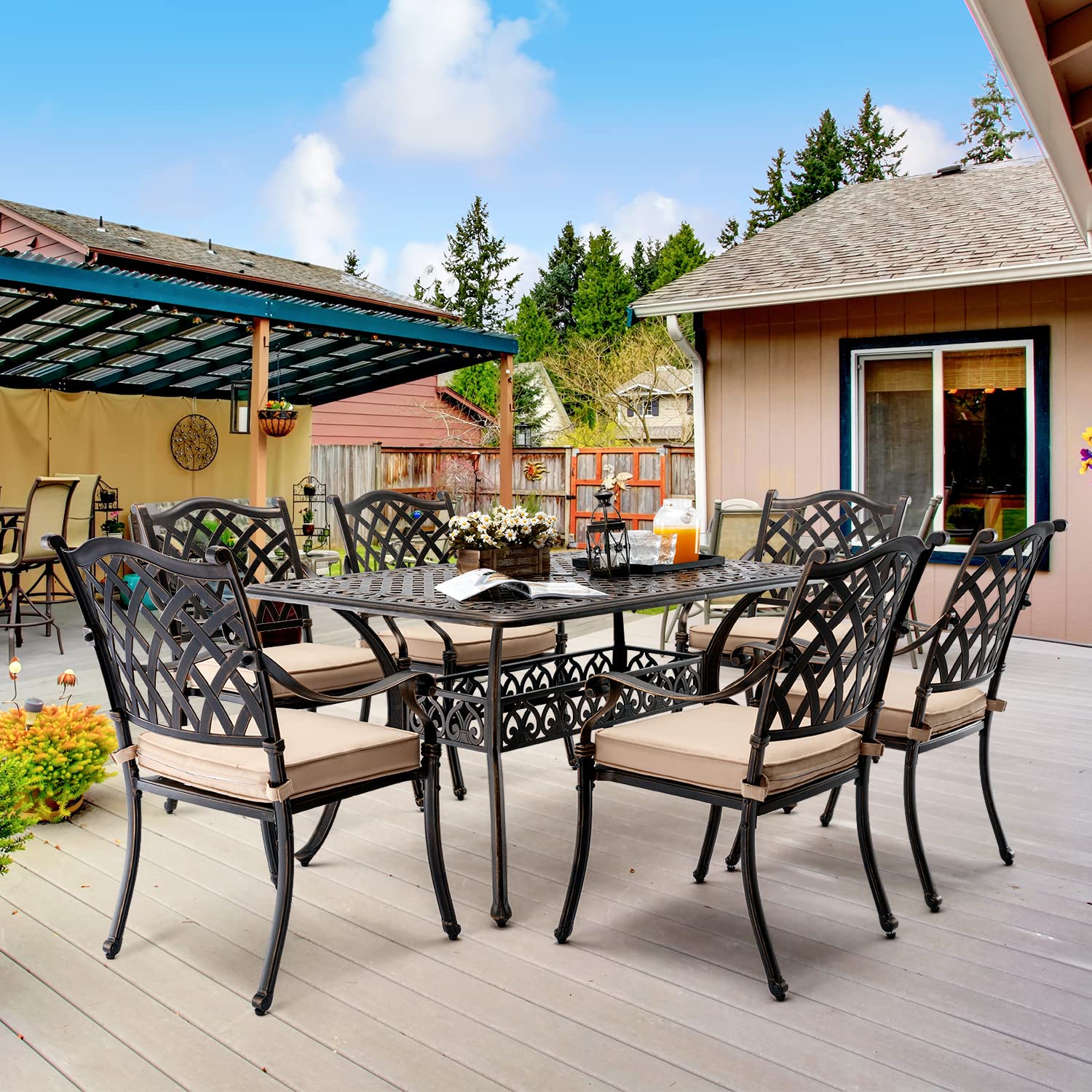 ππ’π₯π’π¬π¦ππ’π₯ π ππ’πππ Outdoor Dining Set Cast Aluminum Retro Patio Dining Set for 6 includes 59β Rectangular Table and 6 Chairs with Thicker Cushion and Umbrella Hole for Patio Deck Garden