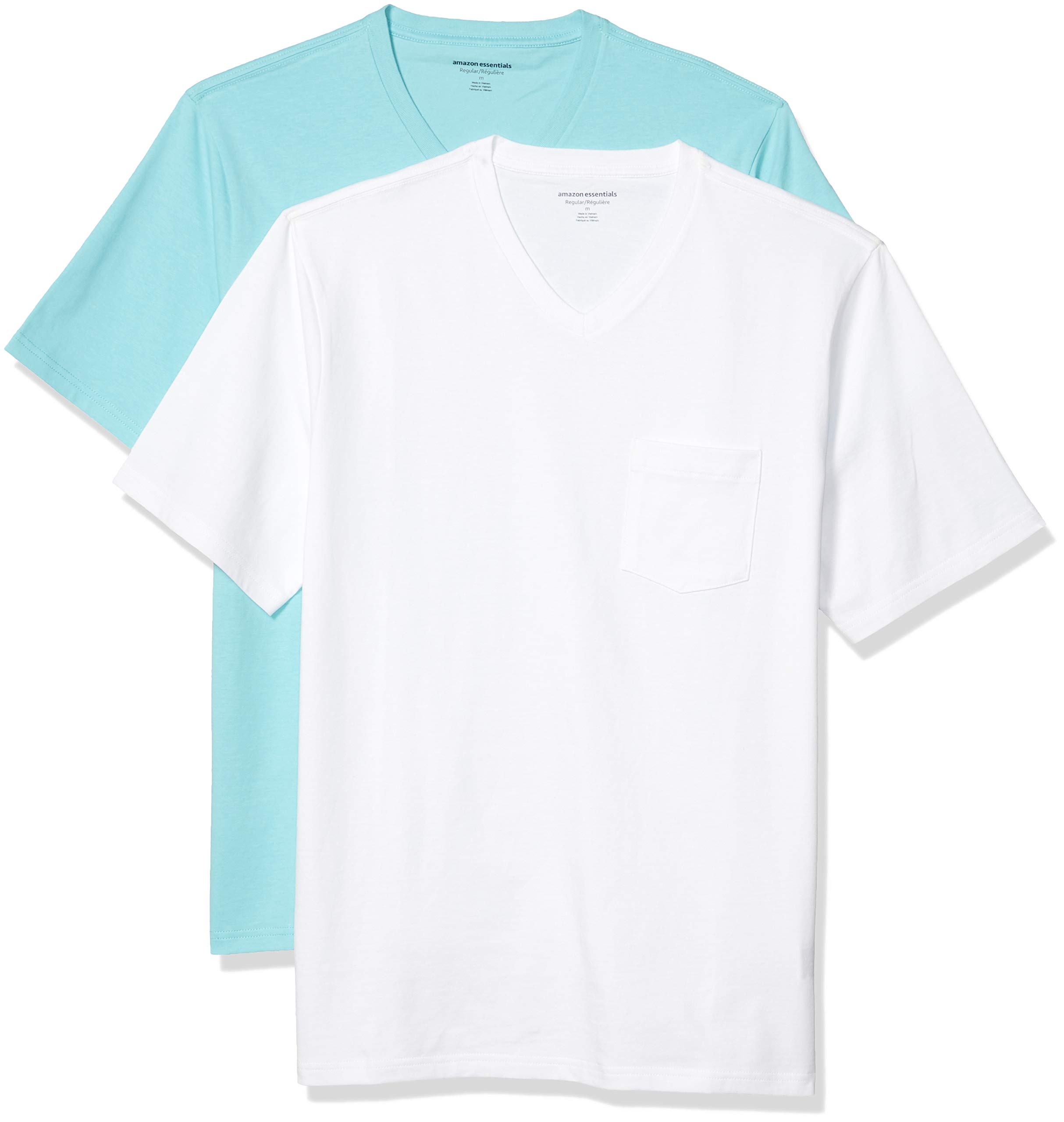 Amazon Essentials Men's Regular-Fit Short-Sleeve V-Neck Pocket T-Shirt, Pack of 2, Aqua Blue/White, Large