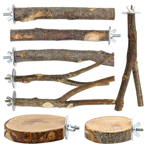 CZWESTC 8 Pieces Natural Wood Bird Perch Wooden Parrot Perch Stand Fork Toys Hanging Multi-Branch Perch Platform Hammock Swing Toy for Macaws, Small Parakeets, Conures, Budgies, Finches
