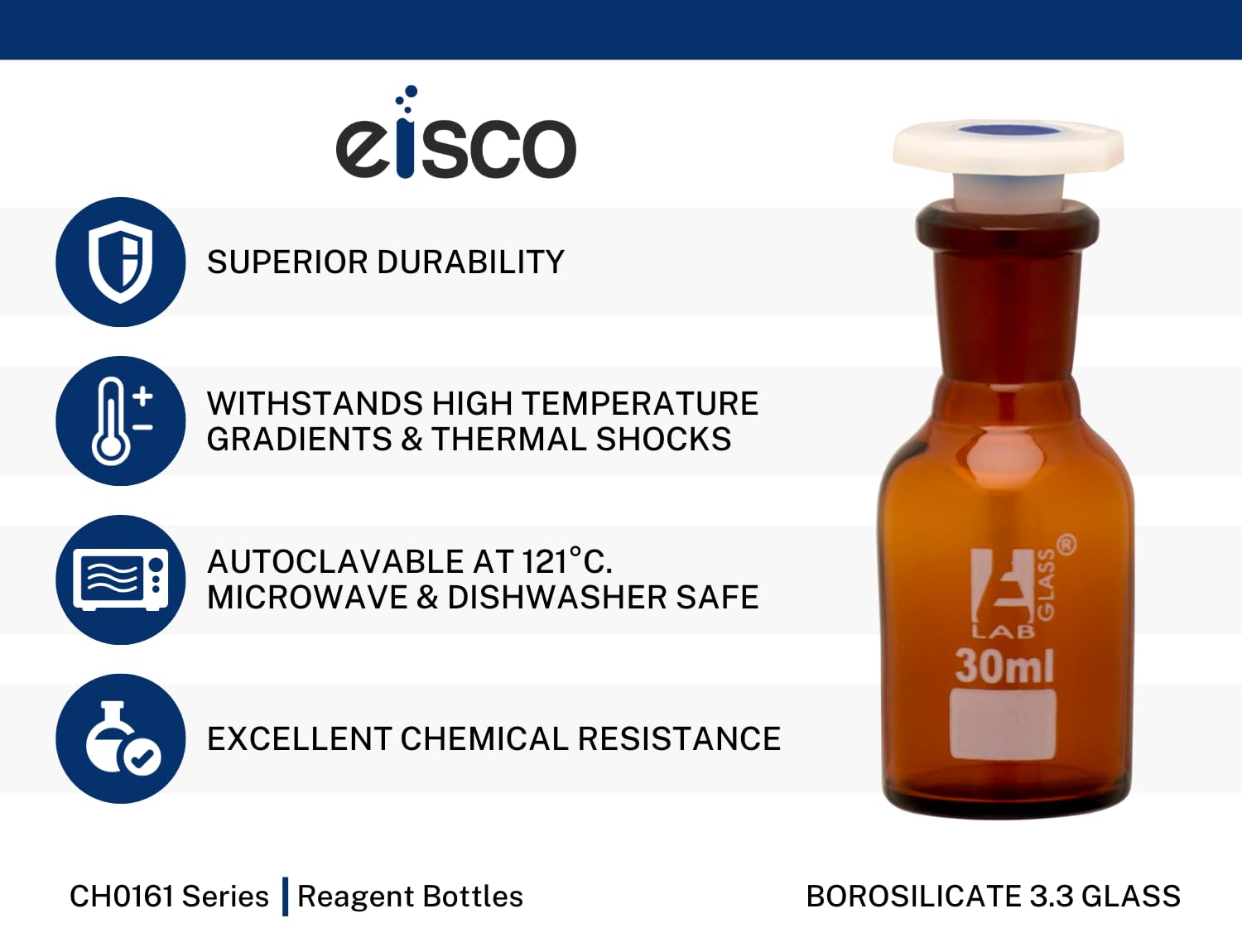 EISCO Labs 125ml Amber Reagent Bottle, Narrow Mouth with Acid Proof Polypropylene stopper, socket size 19/26