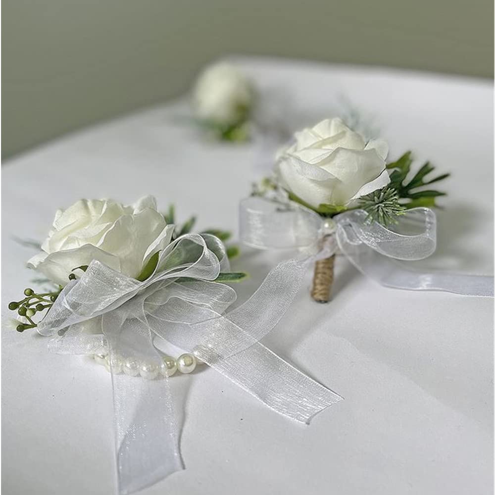 Corsage and Boutonniere Set,2PCS Artificial Rose Wrist Corsage Wristlet,for Wedding Bridal Bridesmaid Wrist Corsage Corsage Ball Decoration (White)