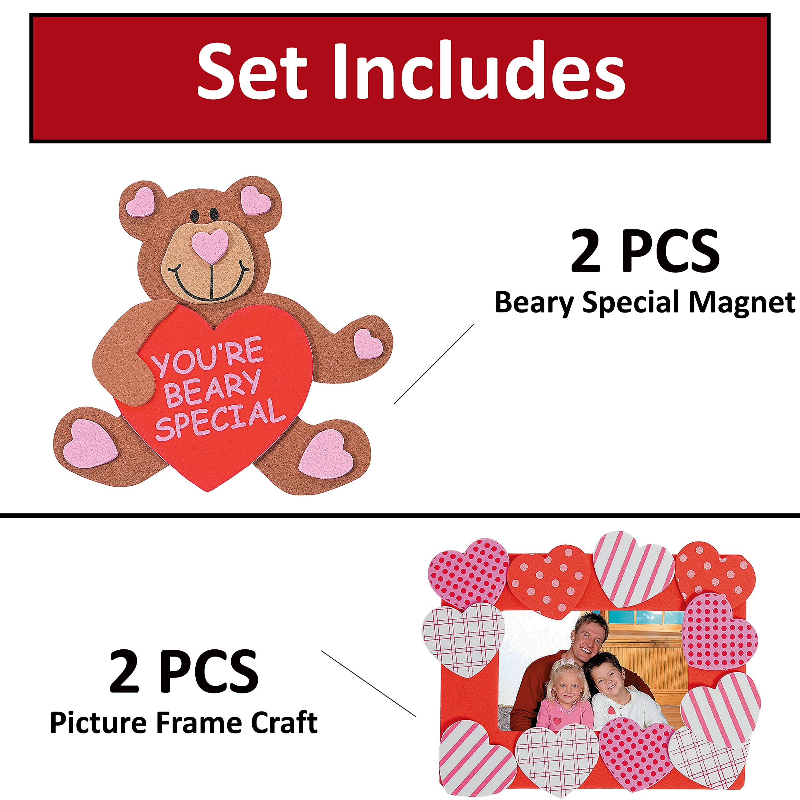 Valentines Craft for Kids (4 Pcs Set) Bear Magnet & Heart Picture Frame Foam Valentines Day Crafts Fun Activity by 4E's Novelty