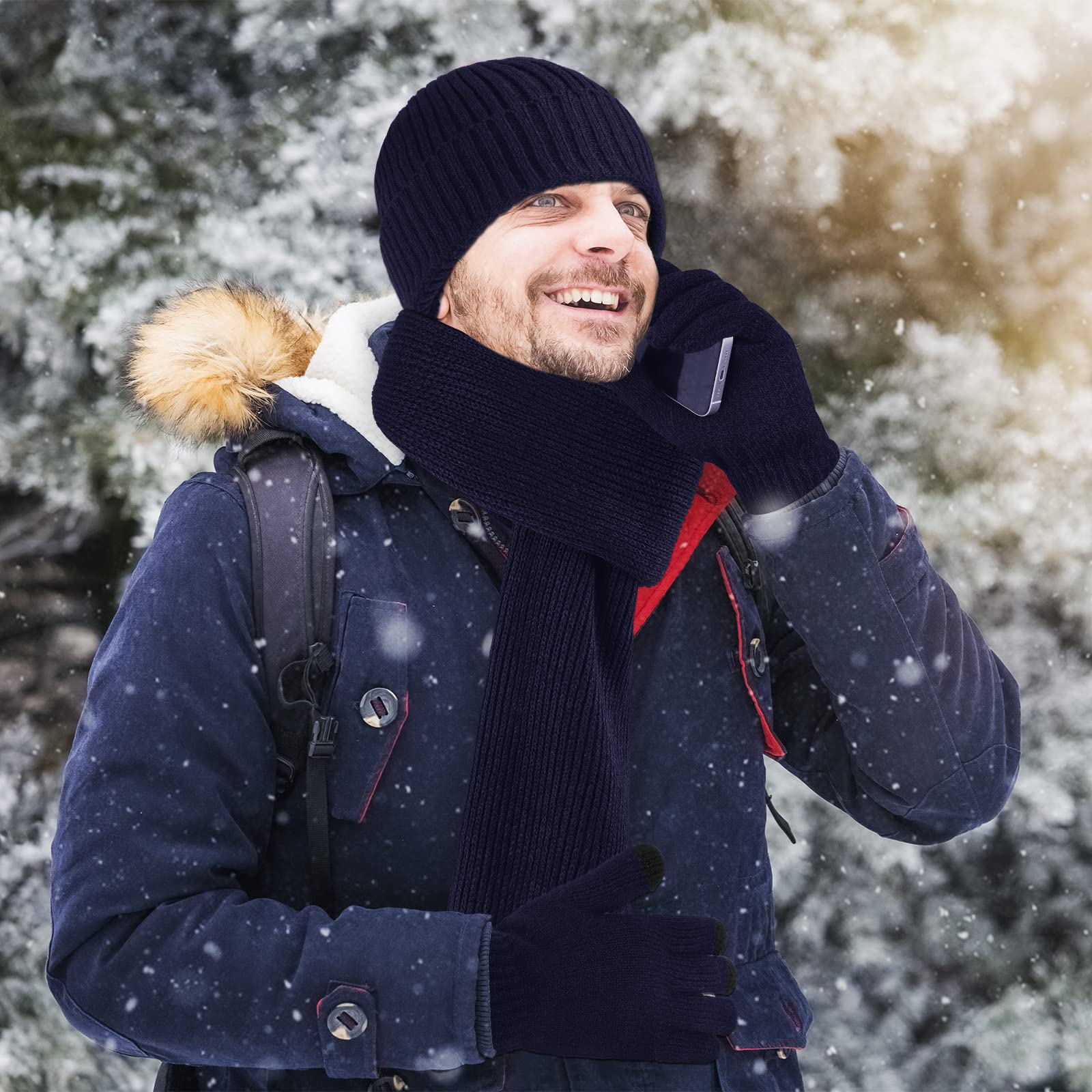 Aneco Winter Beanie Hat Set for Men 4 Pieces Knit Glove Scarf Beanie Hat Earmuffs Set for Men Women