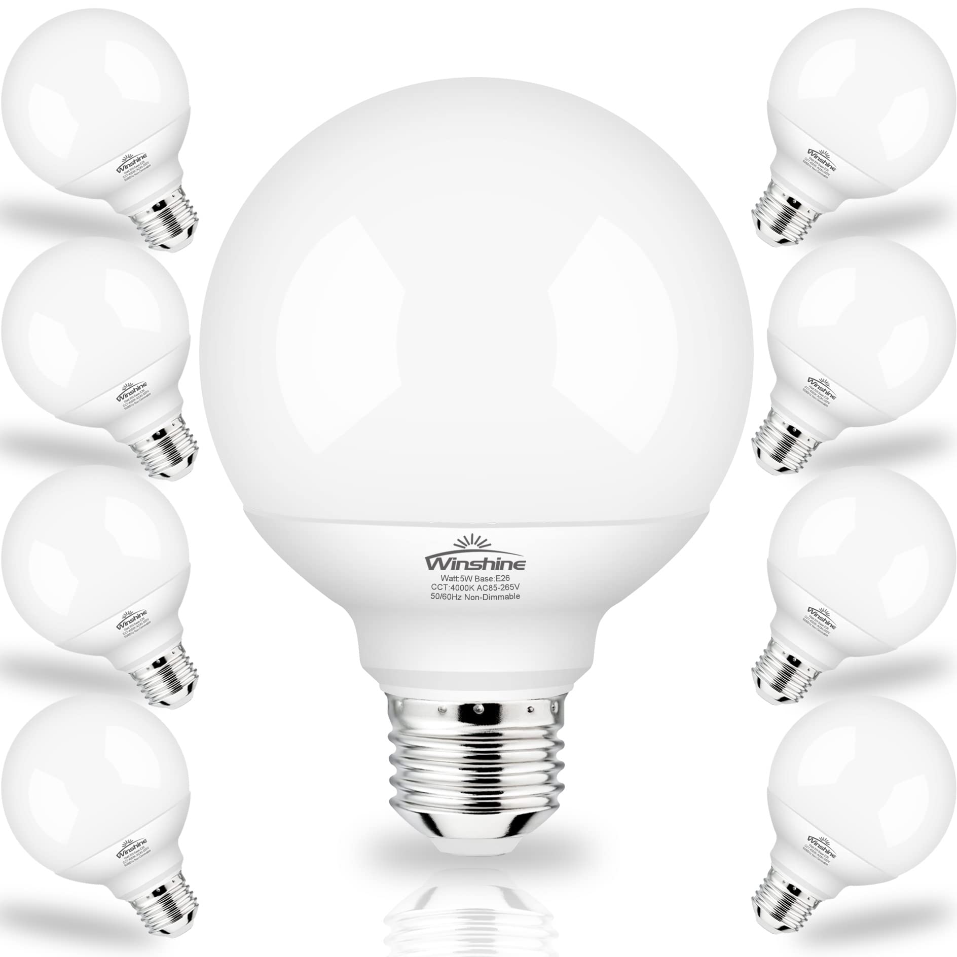 winshine 8 Pack Globe Bathroom Light Bulbs 4000K Natural Daylight, 5W G25 LED Vanity Light Bulb 60W Equivalent, Makeup Mirror, Standard E26 Medium Base, 550LM, Non-dimmable,8 Count (Pack of 1)